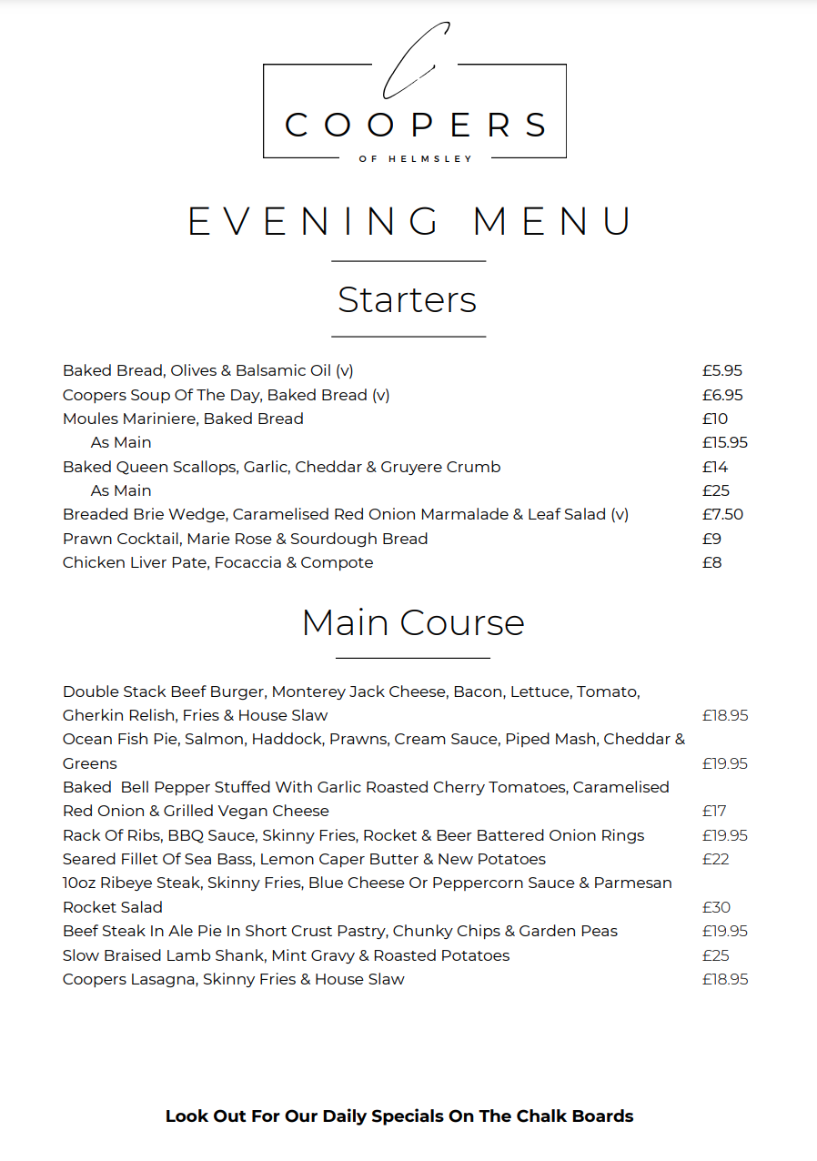 Menus — Coopers of Helmsley