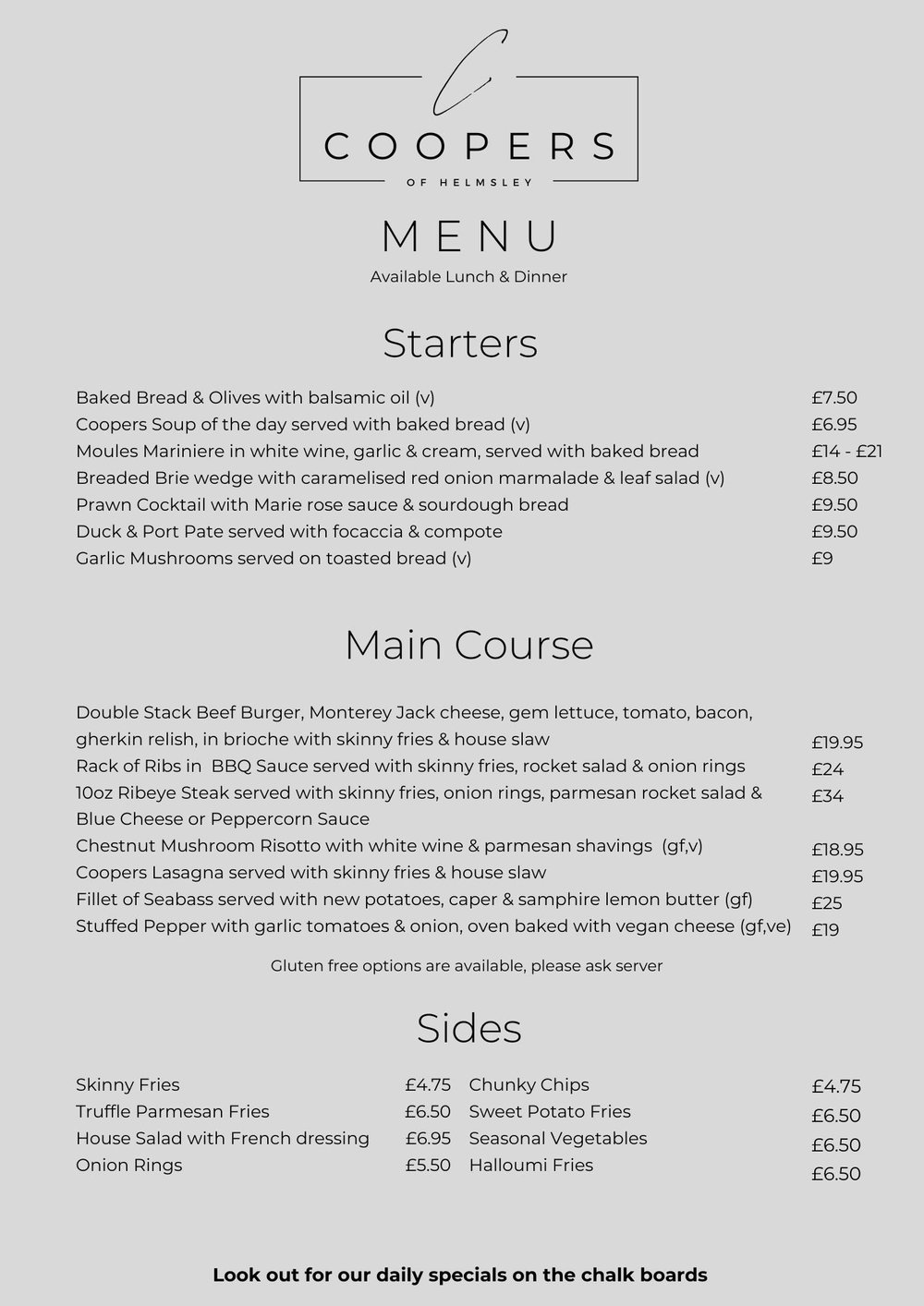 Menus — Coopers of Helmsley