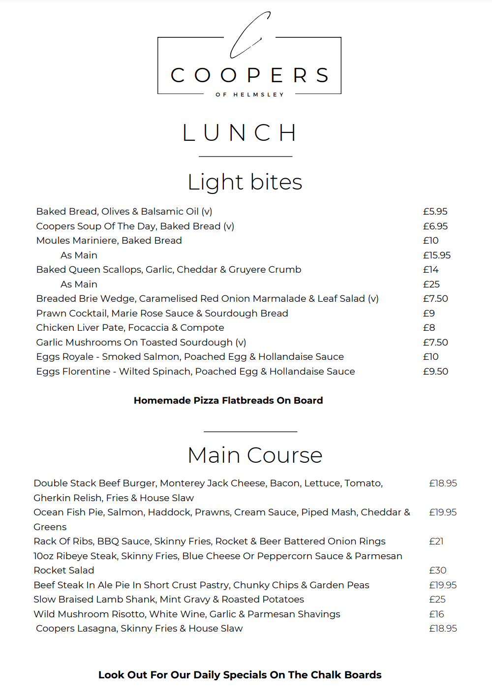 Menus — Coopers of Helmsley