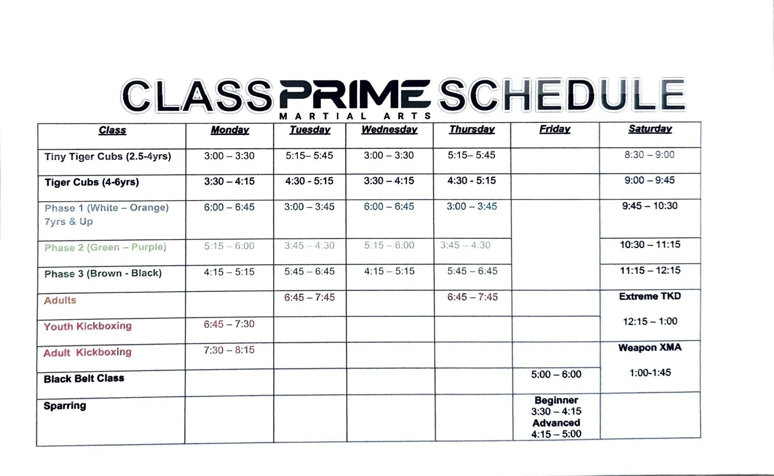 Schedule — Martial Arts Company (Copy)