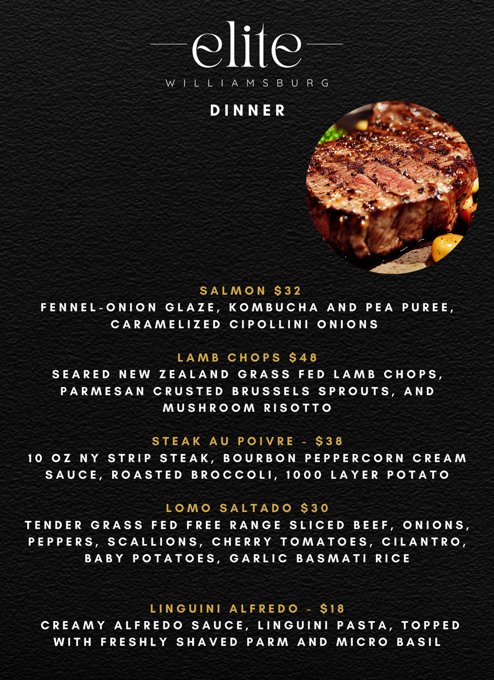 Dinner Menu — Elite Williamsburg