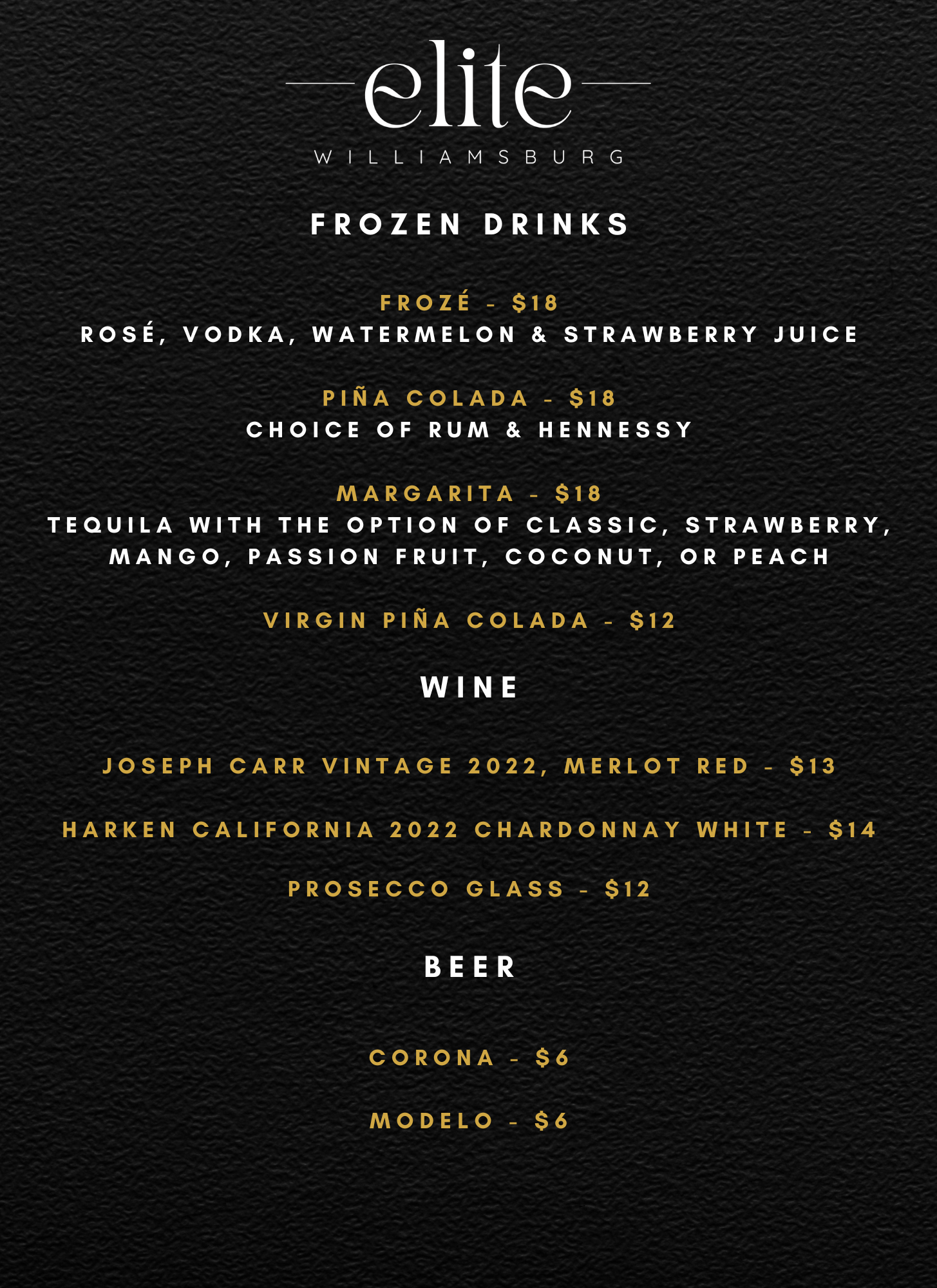 Cocktails Menu — Elite Williamsburg
