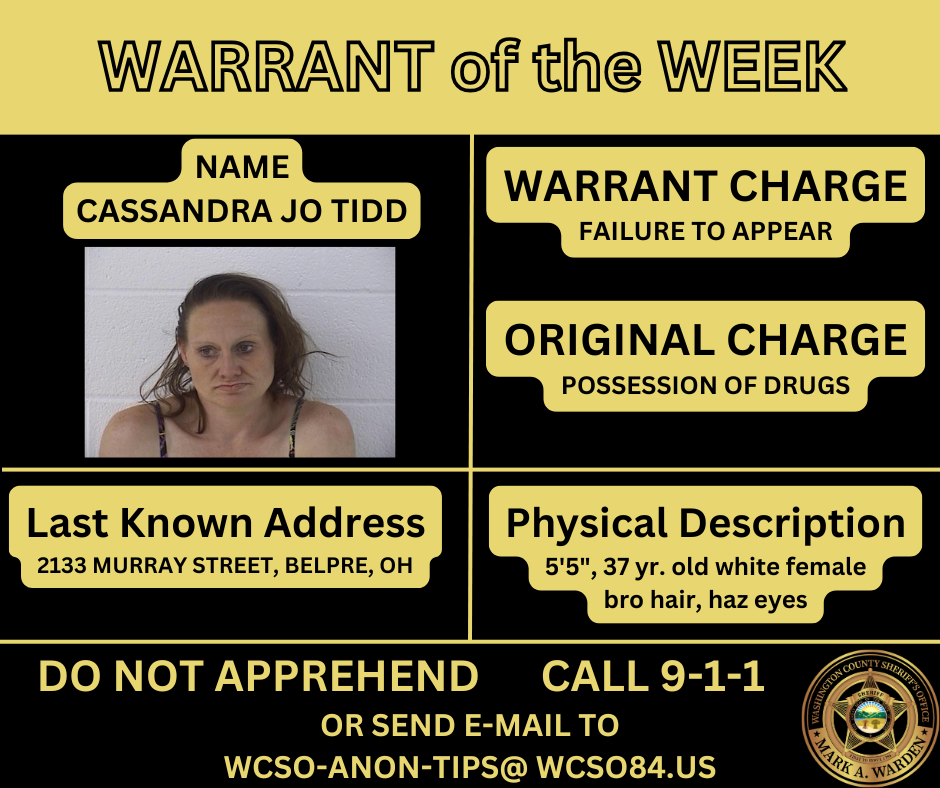 Warrant of the Week 27 Aug 2025 — Washington County Sheriff's Office-Ohio