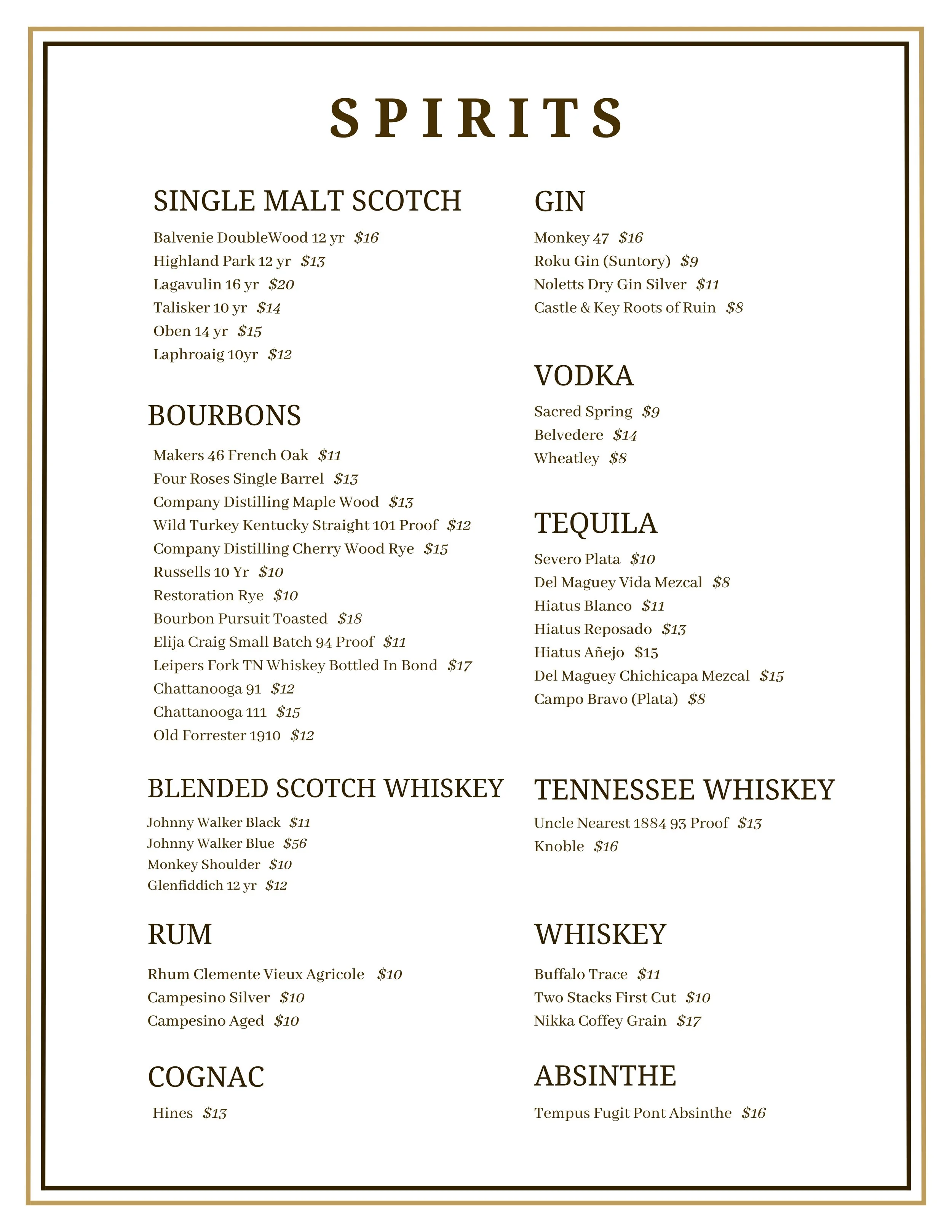Cocktail, Wine, Spirits Menu — Whiskey Alley Saloon