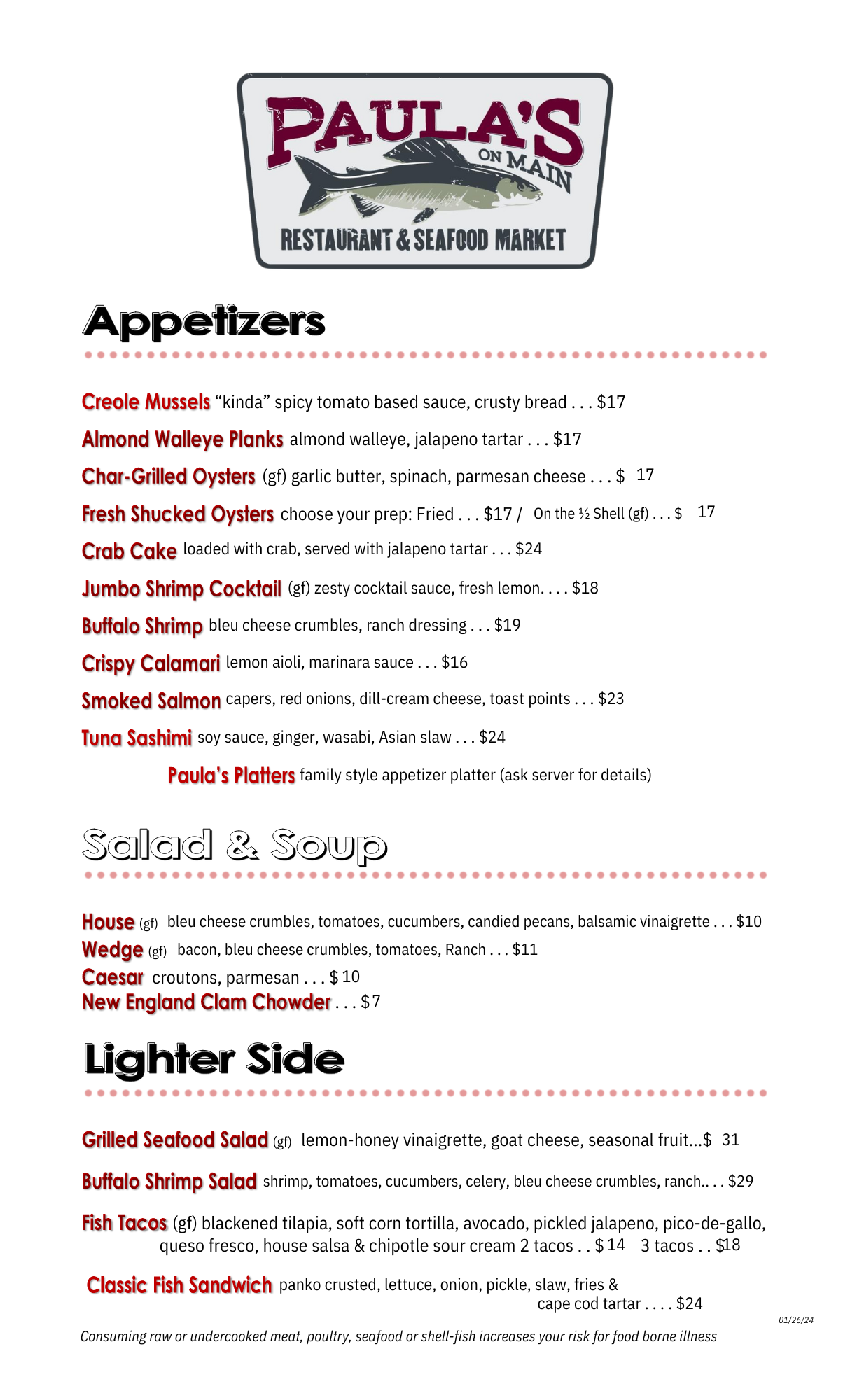 Menu 1 — Paula's on Main