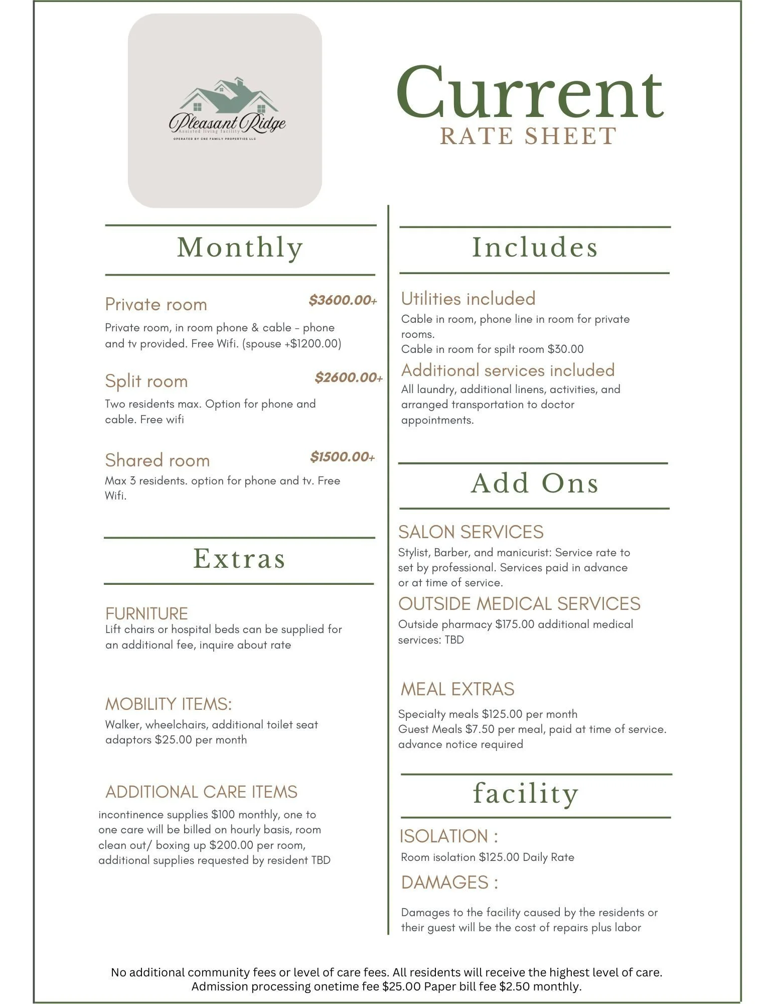 Rooms and rates — Pleasant ridge, Operated by CNE FAMILY PROPERTIES LLC