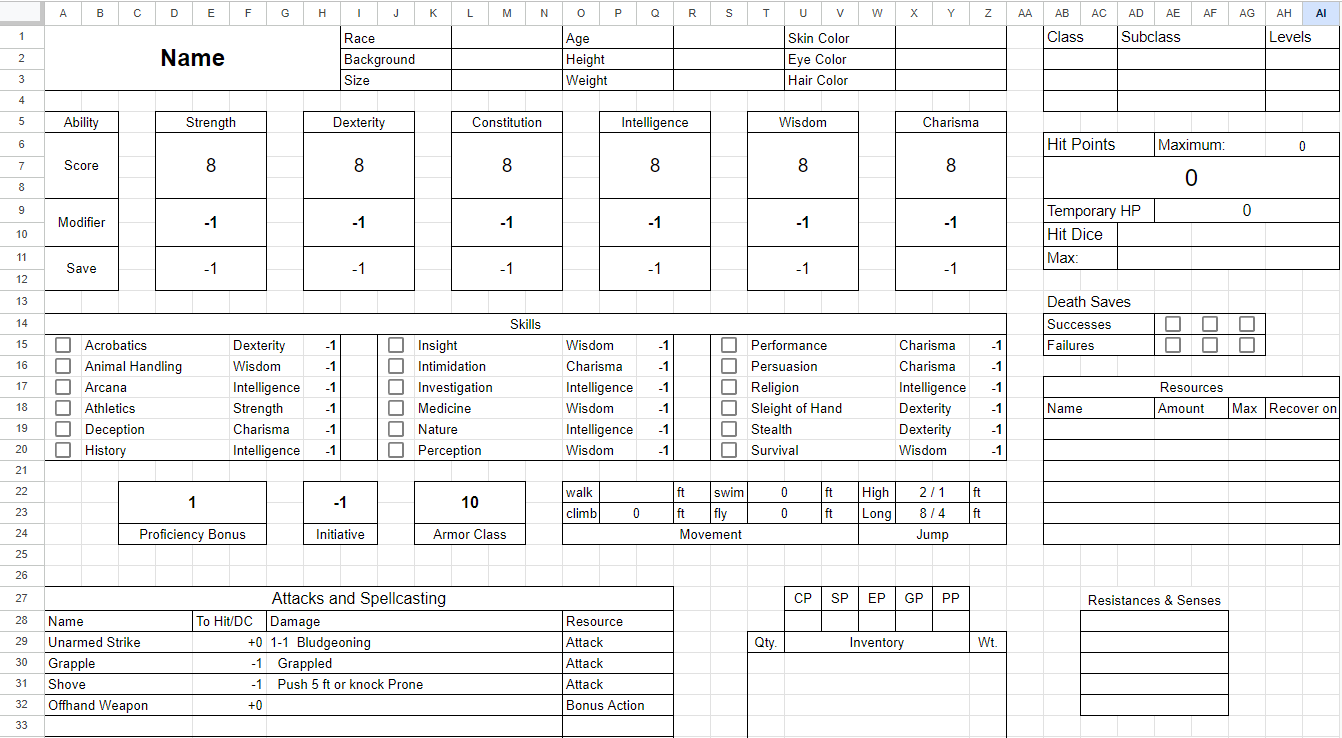 5e Character Sheet - Google Sheets — Iain McEwen