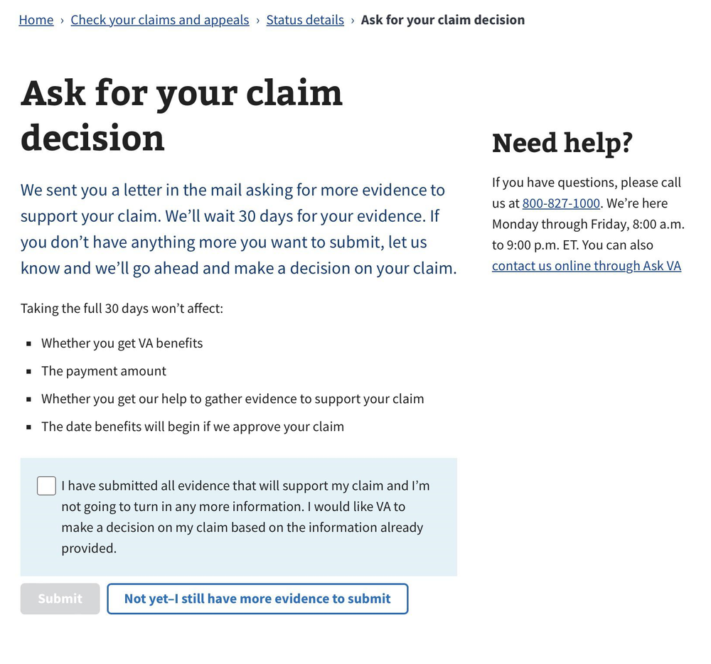 'Ask VA to Decide My Claim' Button — Veterans Benefits Knowledge Base