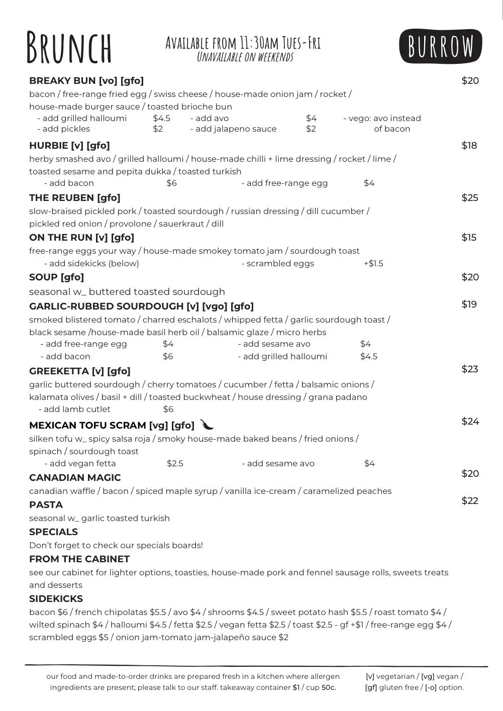 Weekday Menu — BURROW | Cozy Cafe in Toowoomba