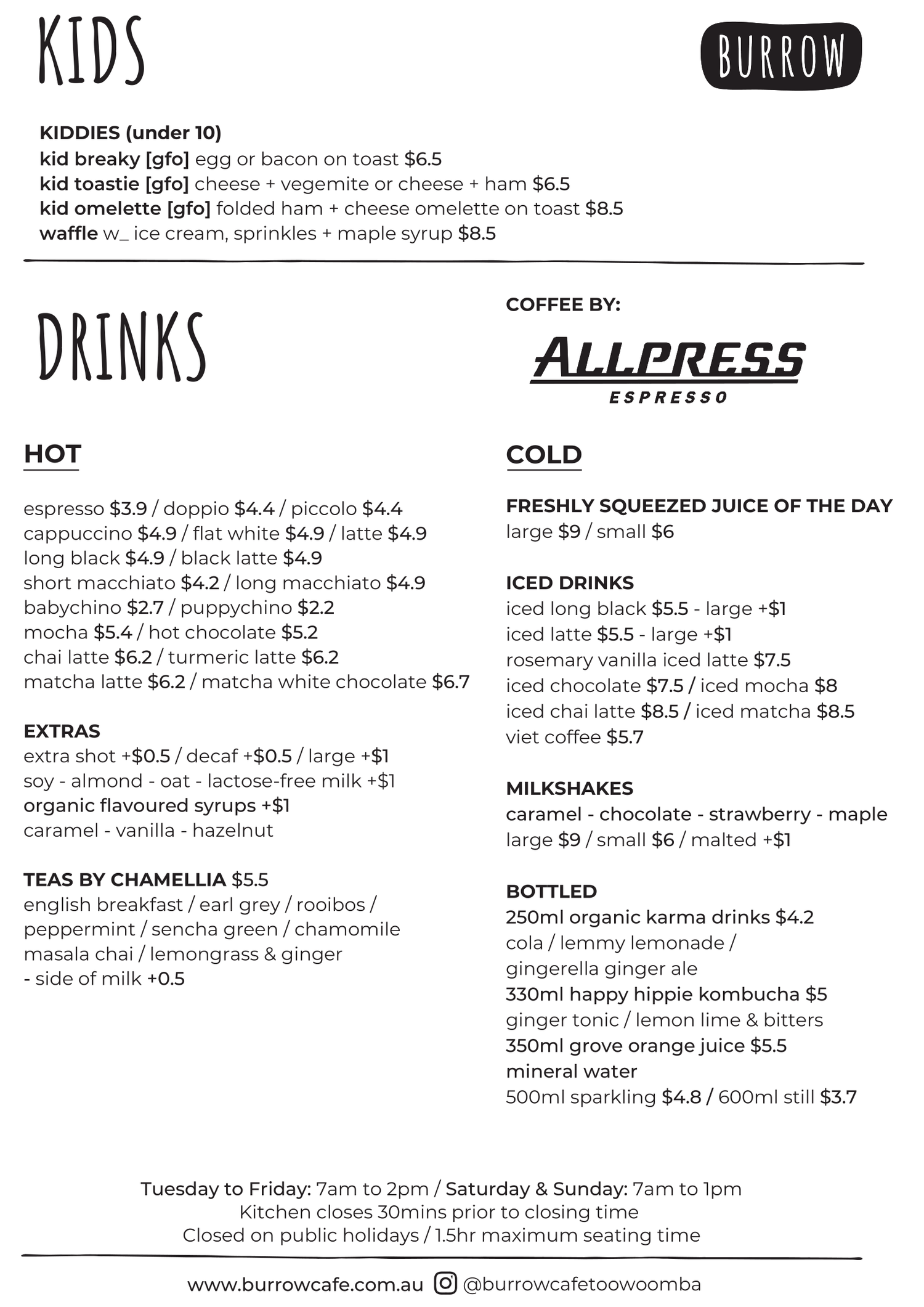 Weekday Menu — BURROW | Cozy Cafe in Toowoomba