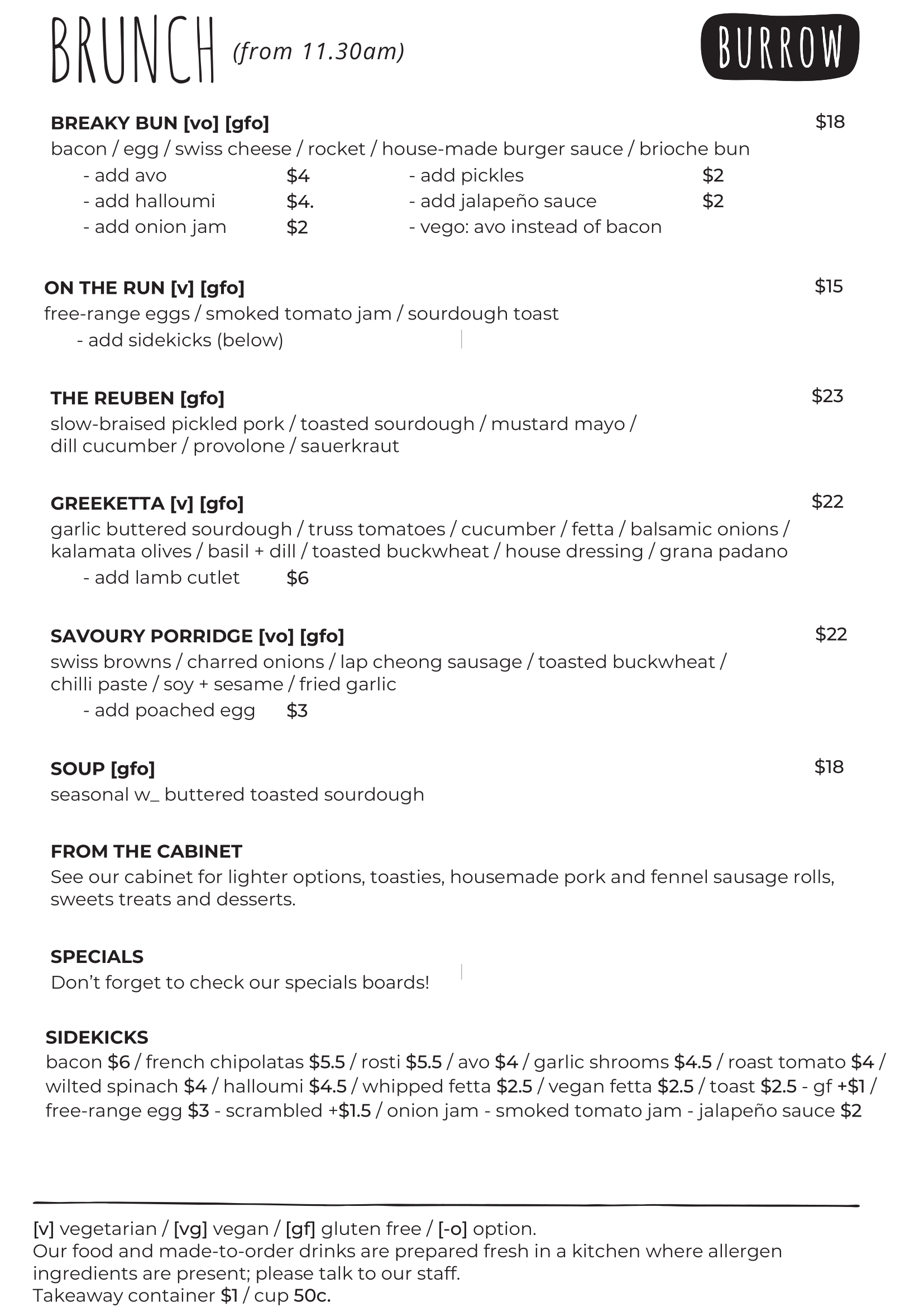 Weekday Menu — BURROW | Cozy Cafe in Toowoomba