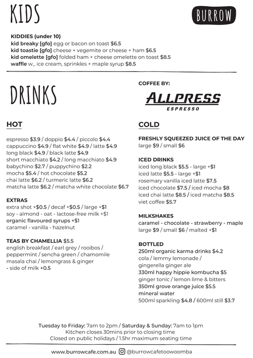 Weekend Menu — BURROW | Cozy Cafe in Toowoomba