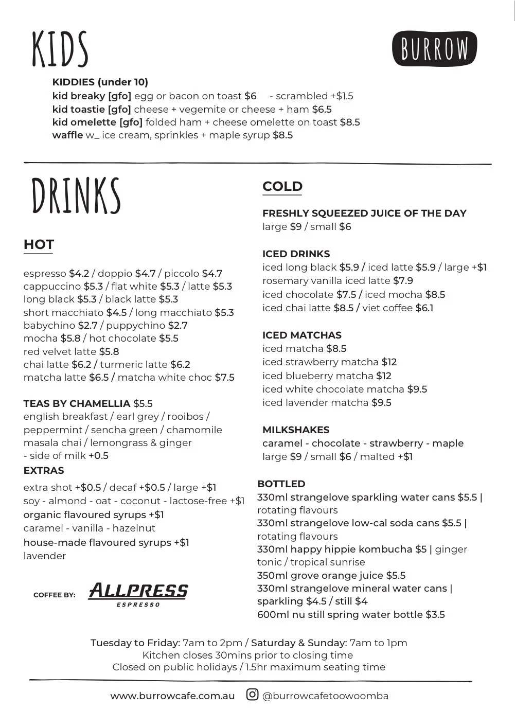 Weekday Menu — BURROW | Cozy Cafe in Toowoomba