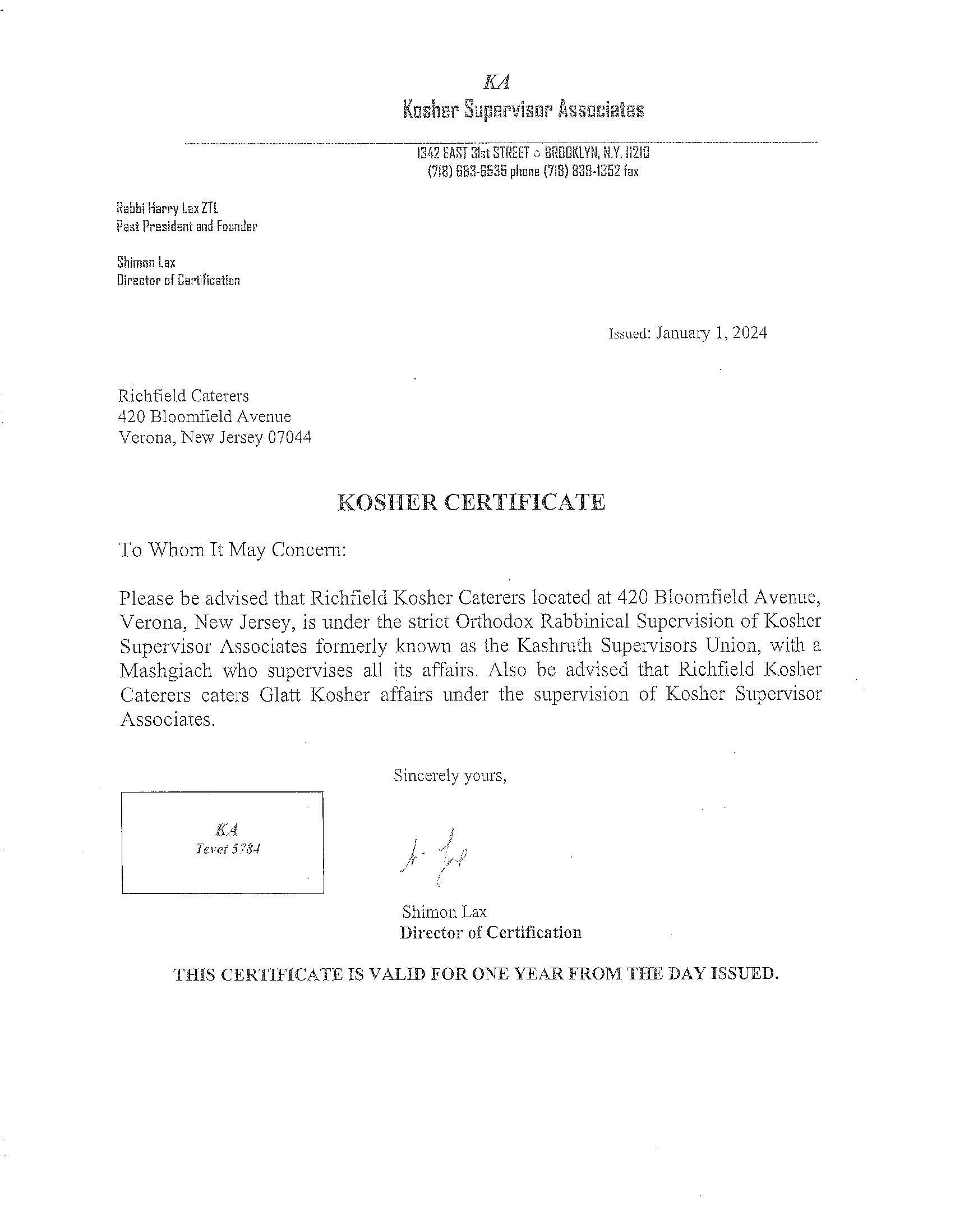 Richfield Regency Kosher Certificate