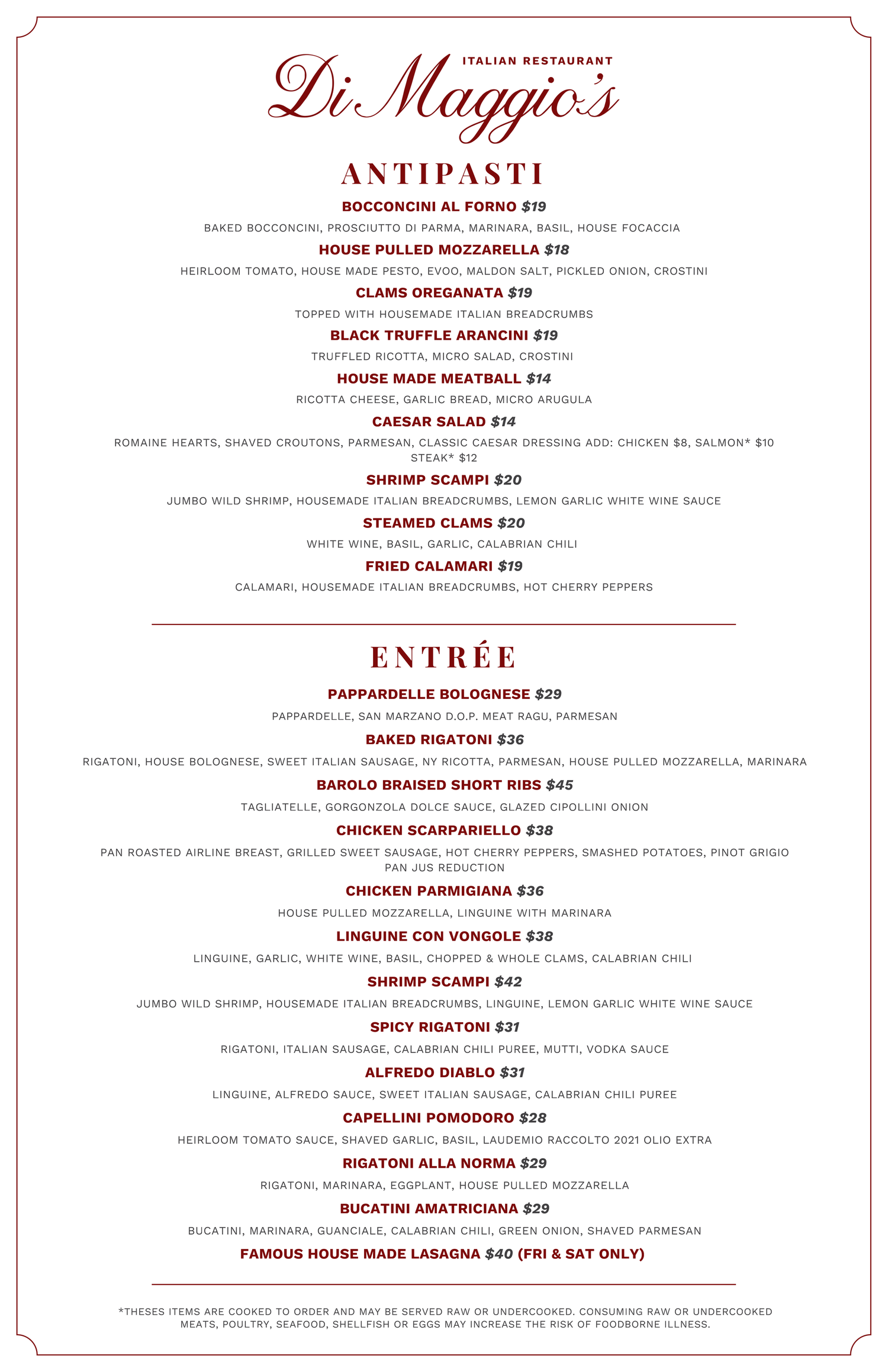 Menus & Food — DiMaggio's Restaurant