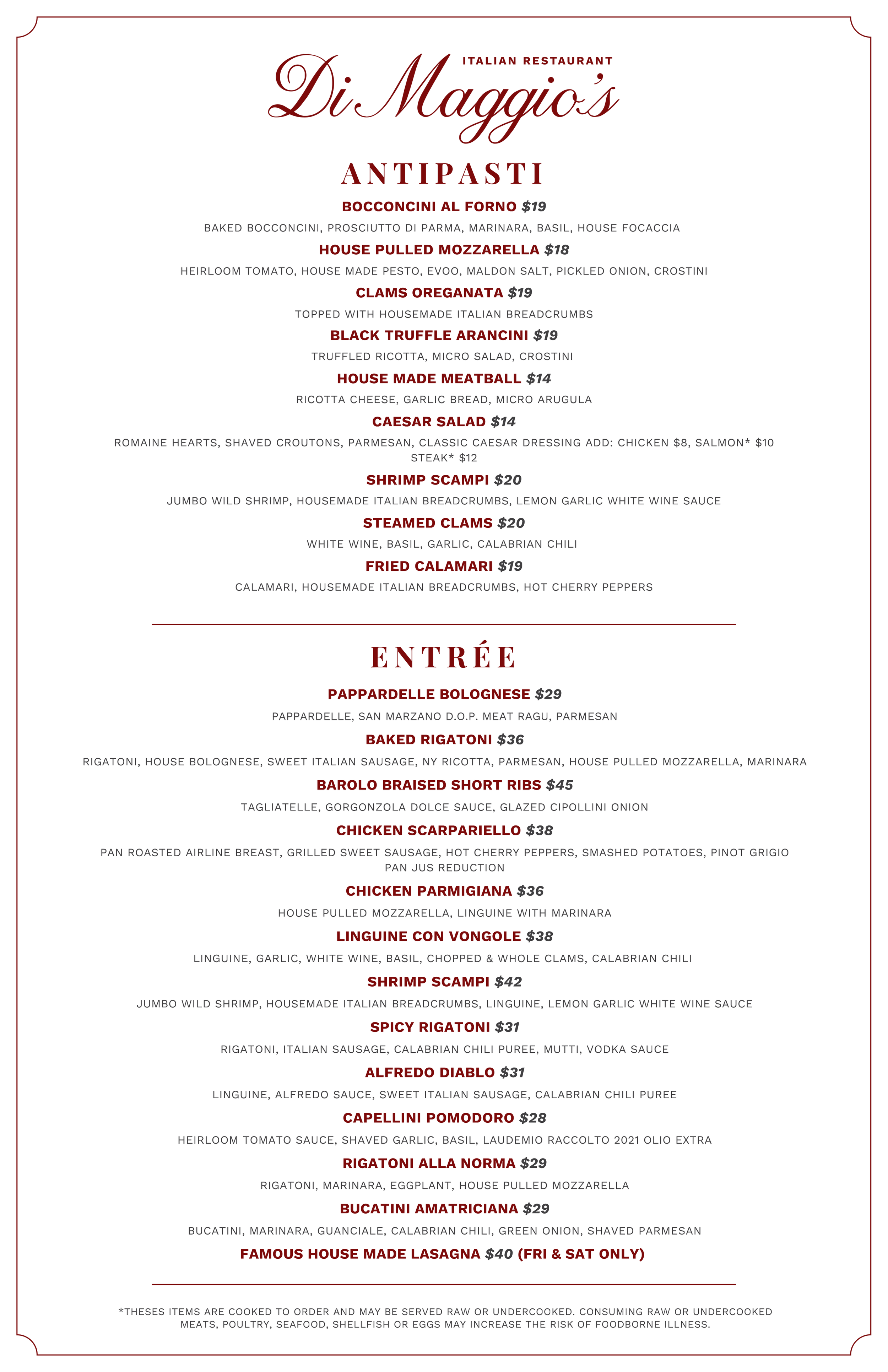 Menus & Food — DiMaggio's Restaurant