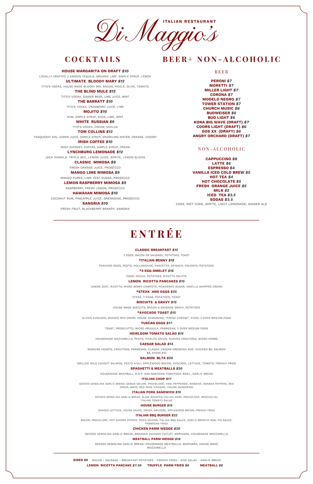 Menus & Food — DiMaggio's Restaurant