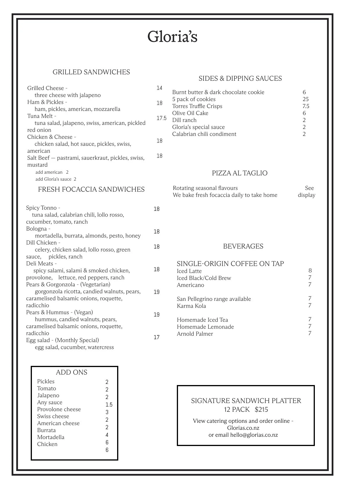 Menu — Gloria's Deli