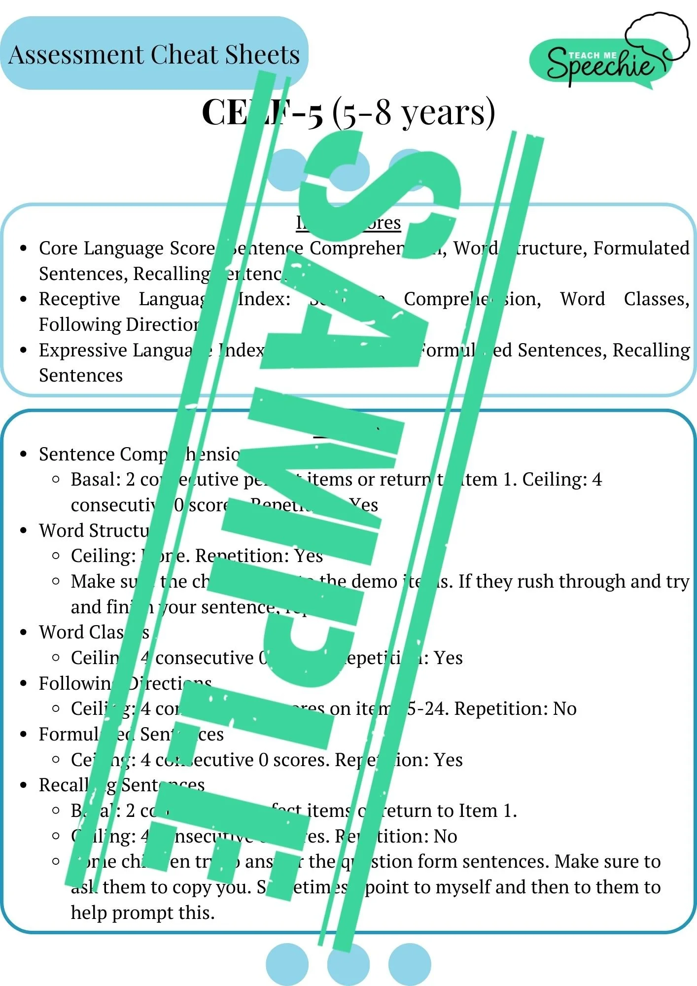 Assessment Cheat Sheets — Teach Me Speechie