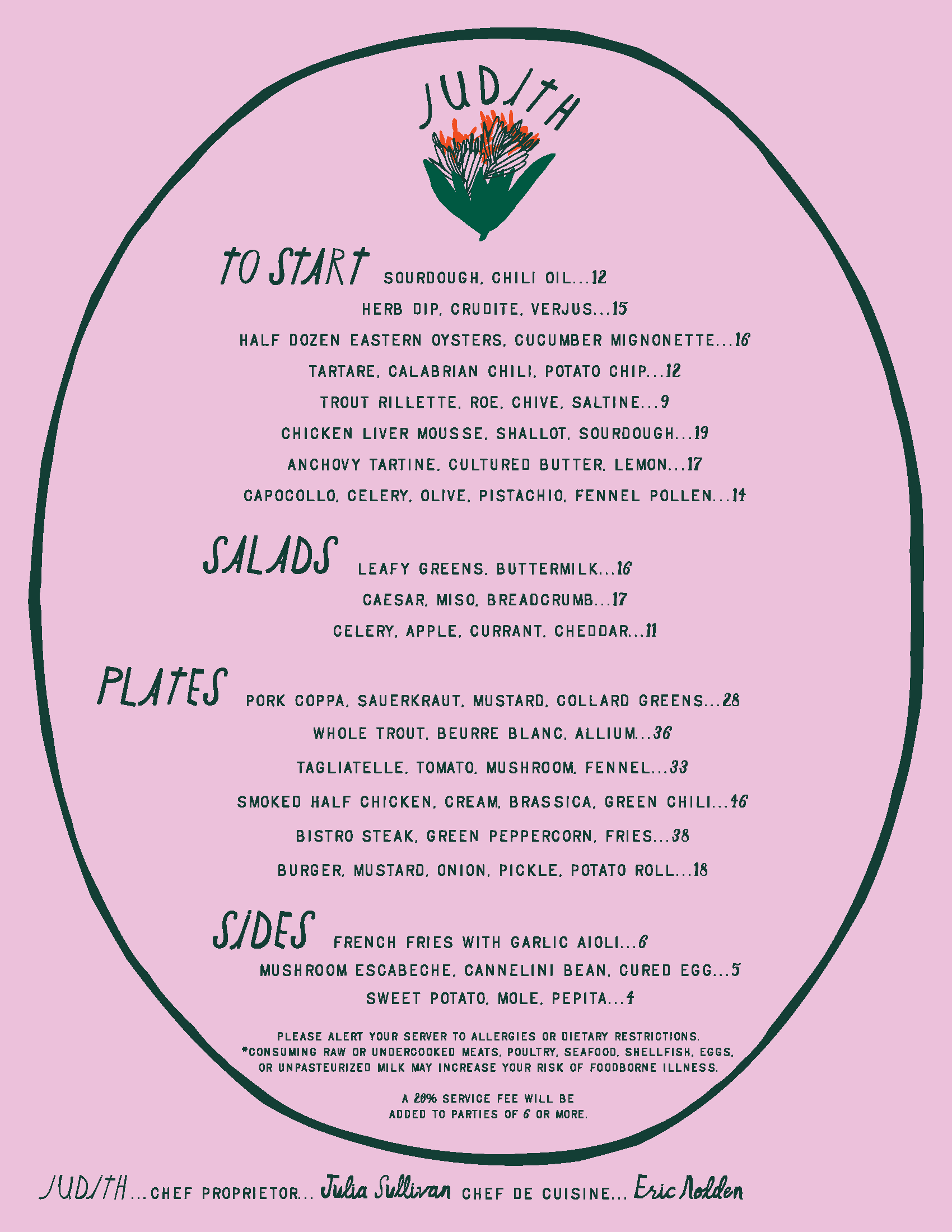 SAMPLE DINNER MENU — Judith Tavern