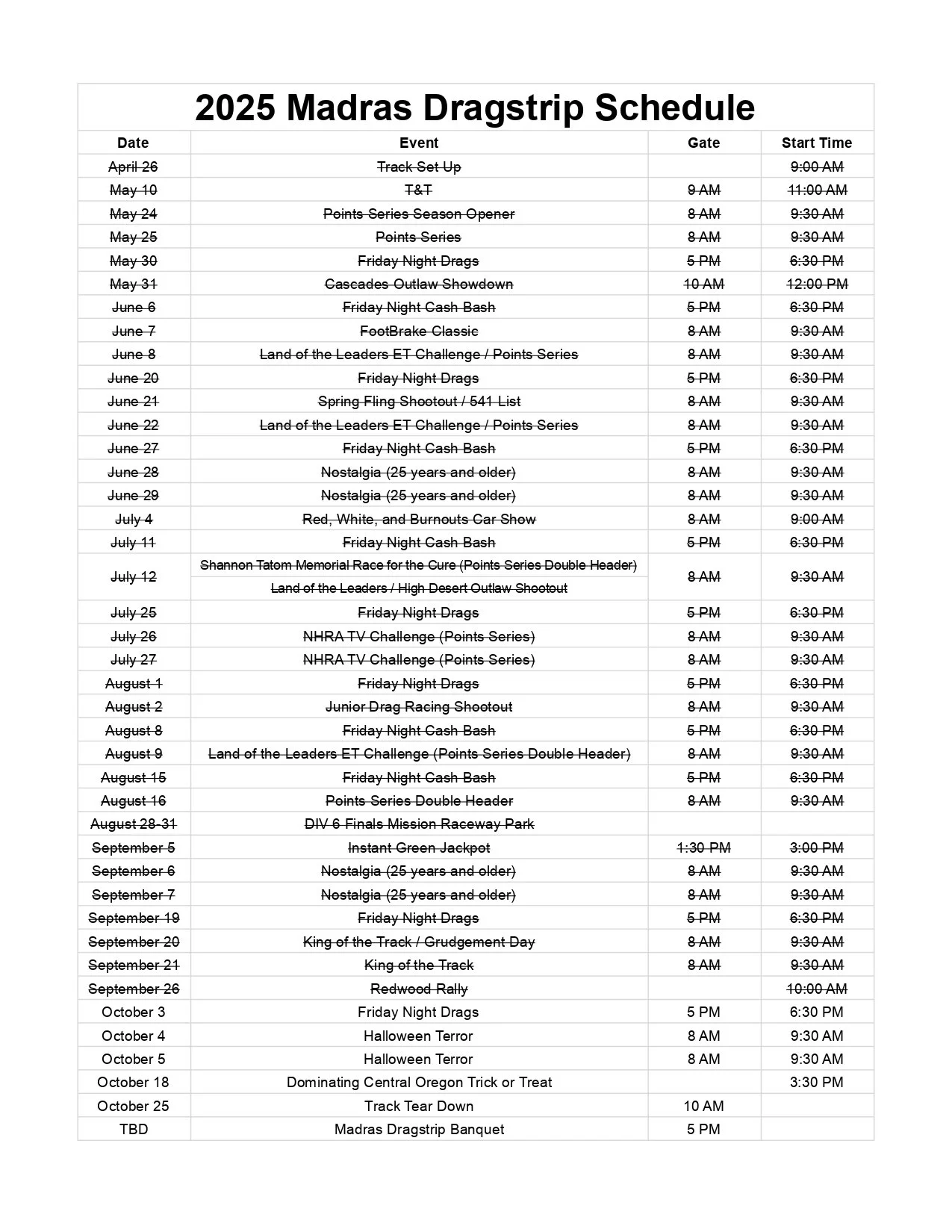 Schedule — Madras Dragstrip