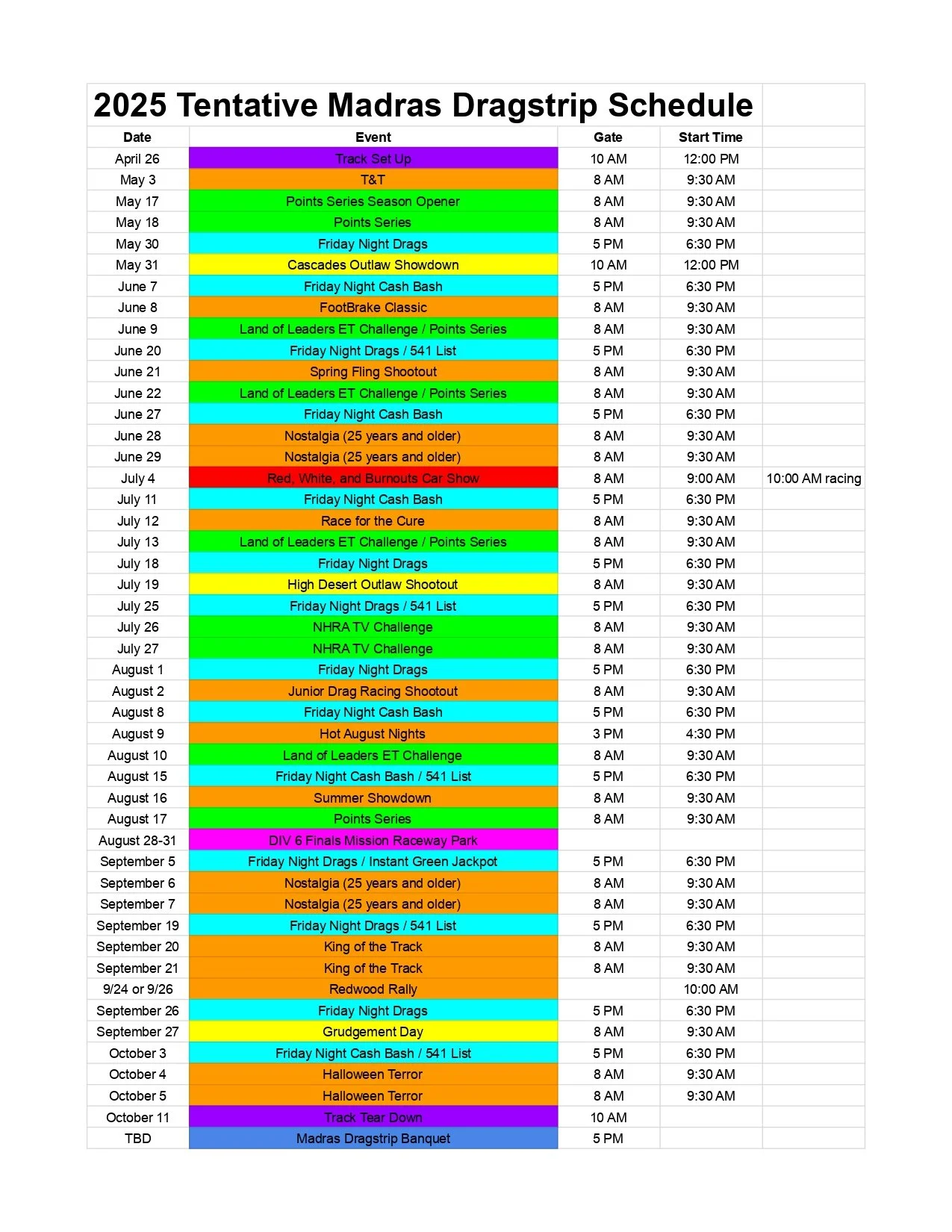 Schedule — Madras Dragstrip