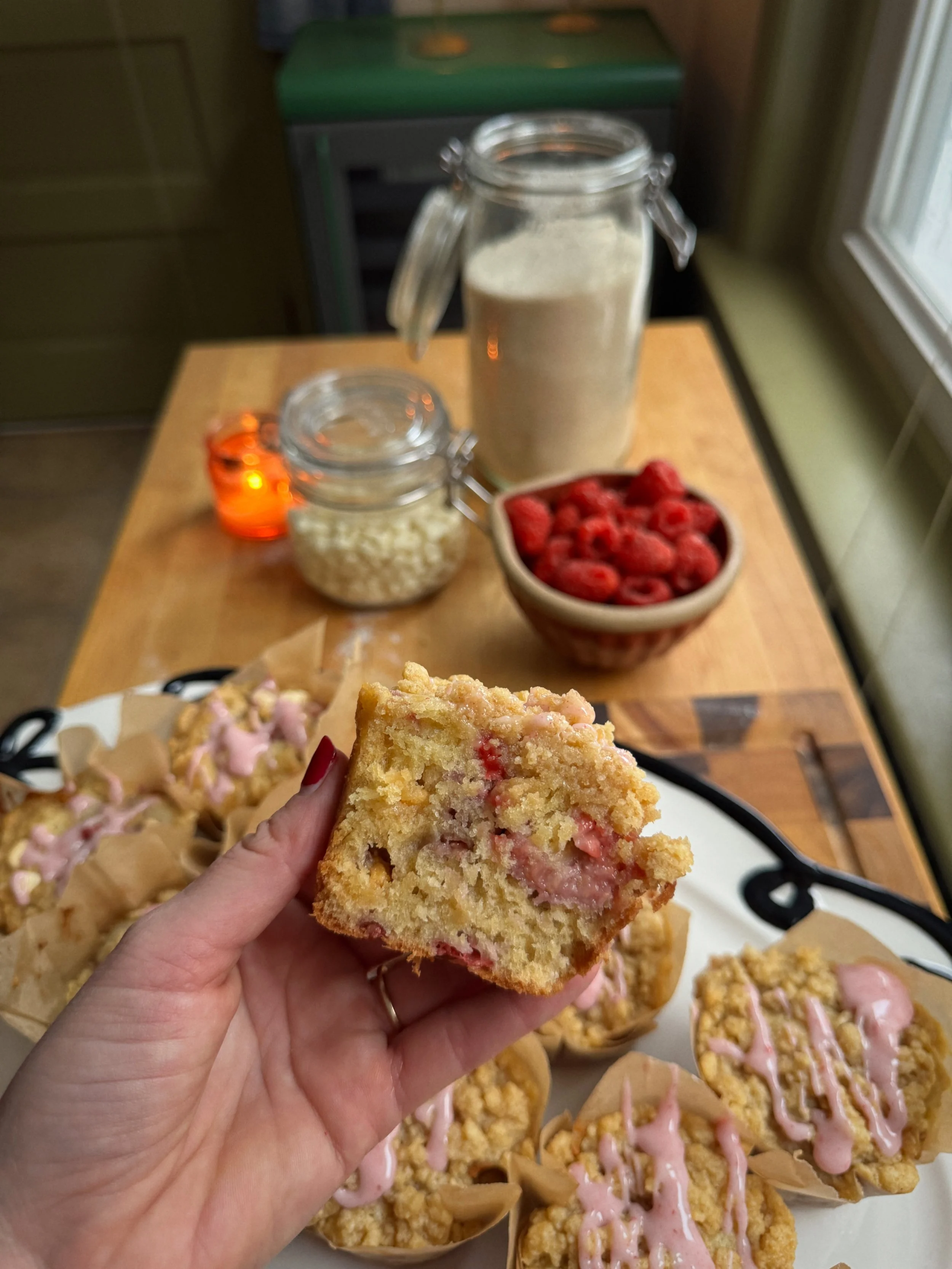 White Chocolate Raspberry Coffee Cake Muffins — Soko's Kitchen