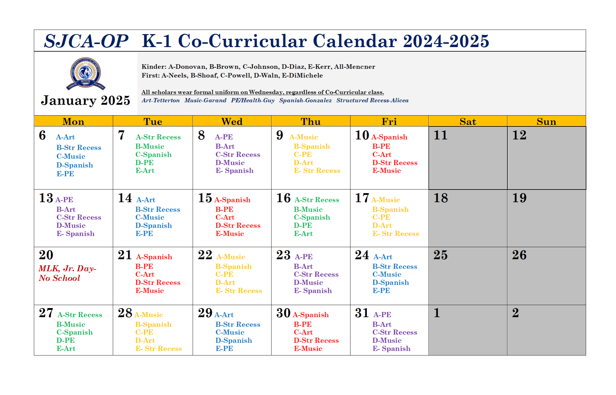 Co-Curricular Calendars — St. Johns Classical Academy | Orange Park Campus