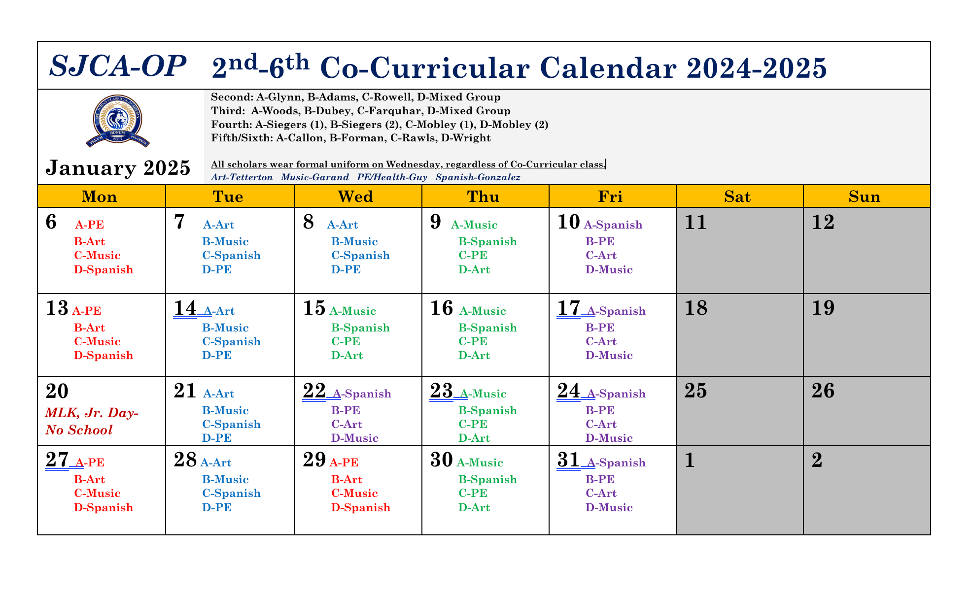 Co-Curricular Calendars — St. Johns Classical Academy | Orange Park Campus
