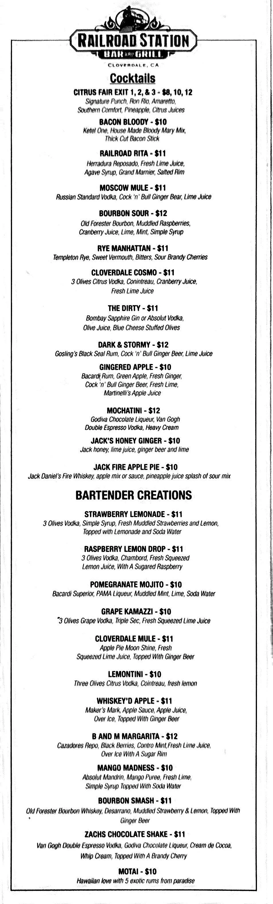 Menu — RAILROAD STATION BAR AND GRILL