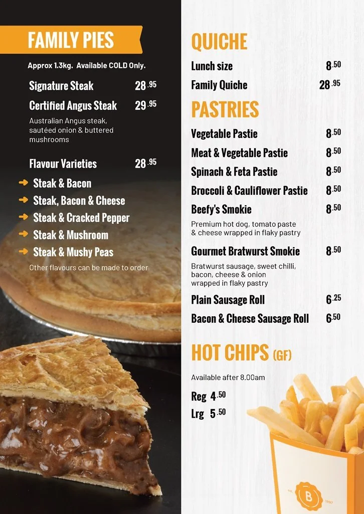 In-Store Menu | Discover Our Delicious Pies – Visit Now — Beefy's