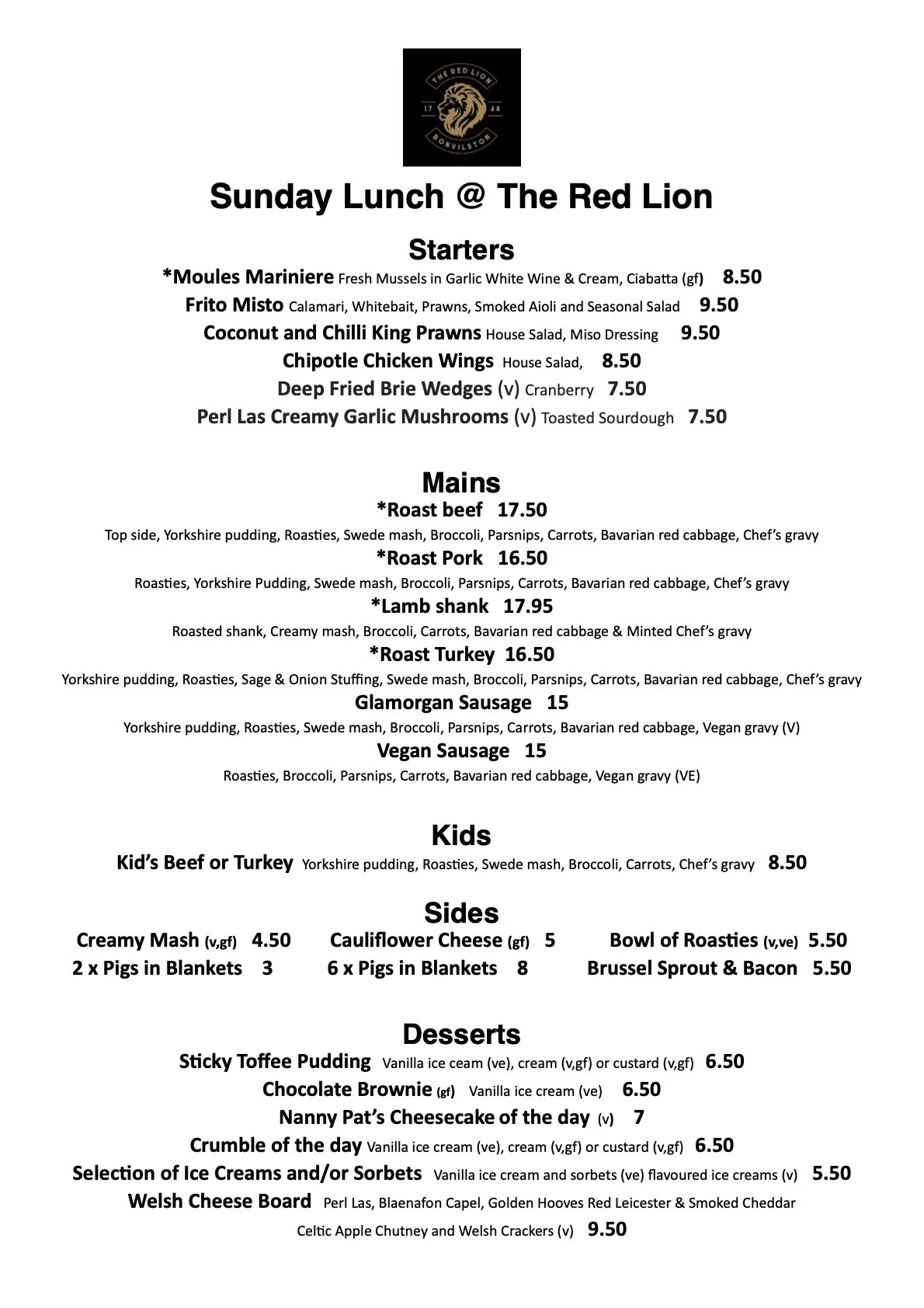 Sunday Menu — The Red Lion