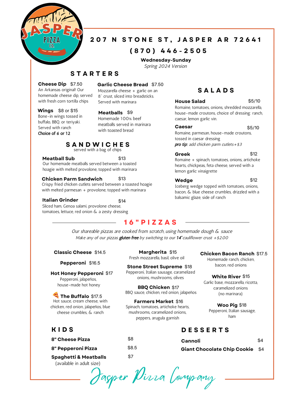 Menu — Jasper Pizza Company
