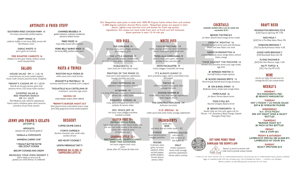 Sample Menu — Benny's Big Time Pizzeria