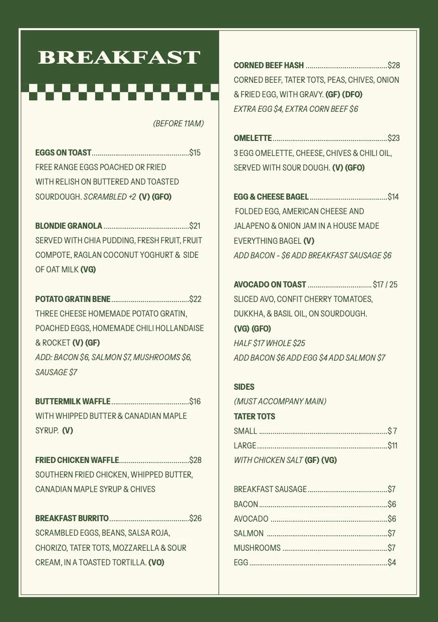 Menu — Blondie Diner