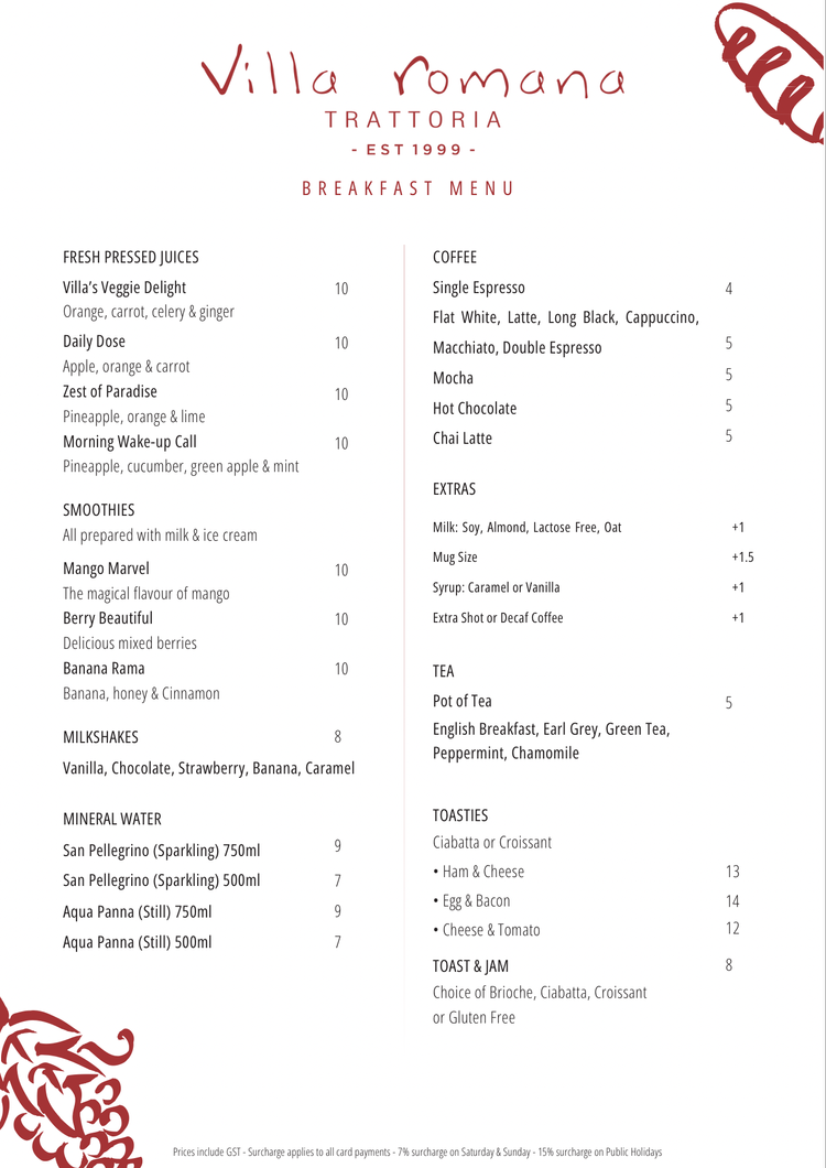 Menu — Villa Romana Cairns