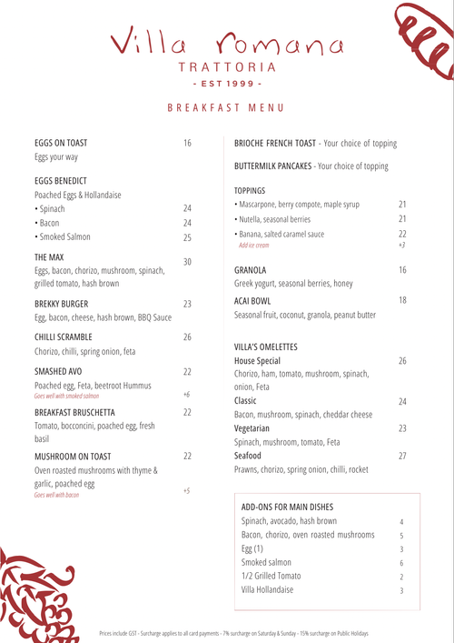Menu — Villa Romana Cairns