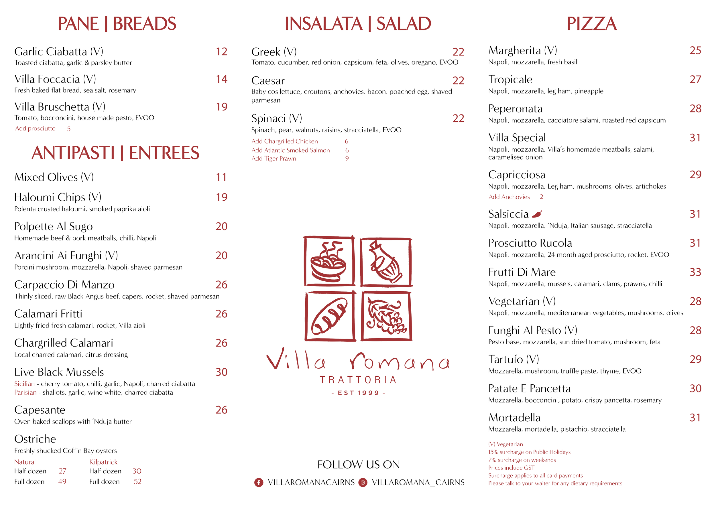 Menu — Villa Romana Cairns