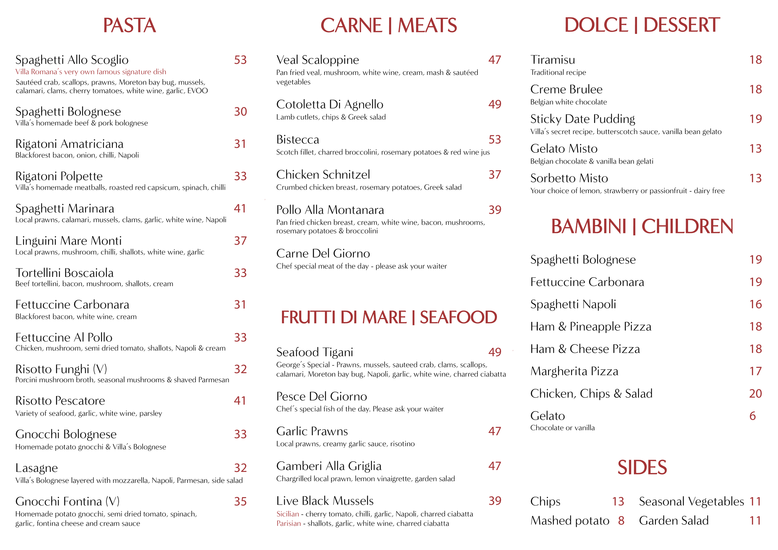 Menu — Villa Romana Cairns