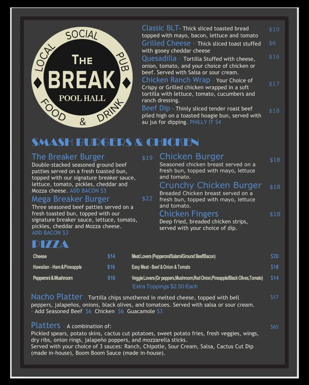 MENU — The Break Pool Hall & Local Social Pub