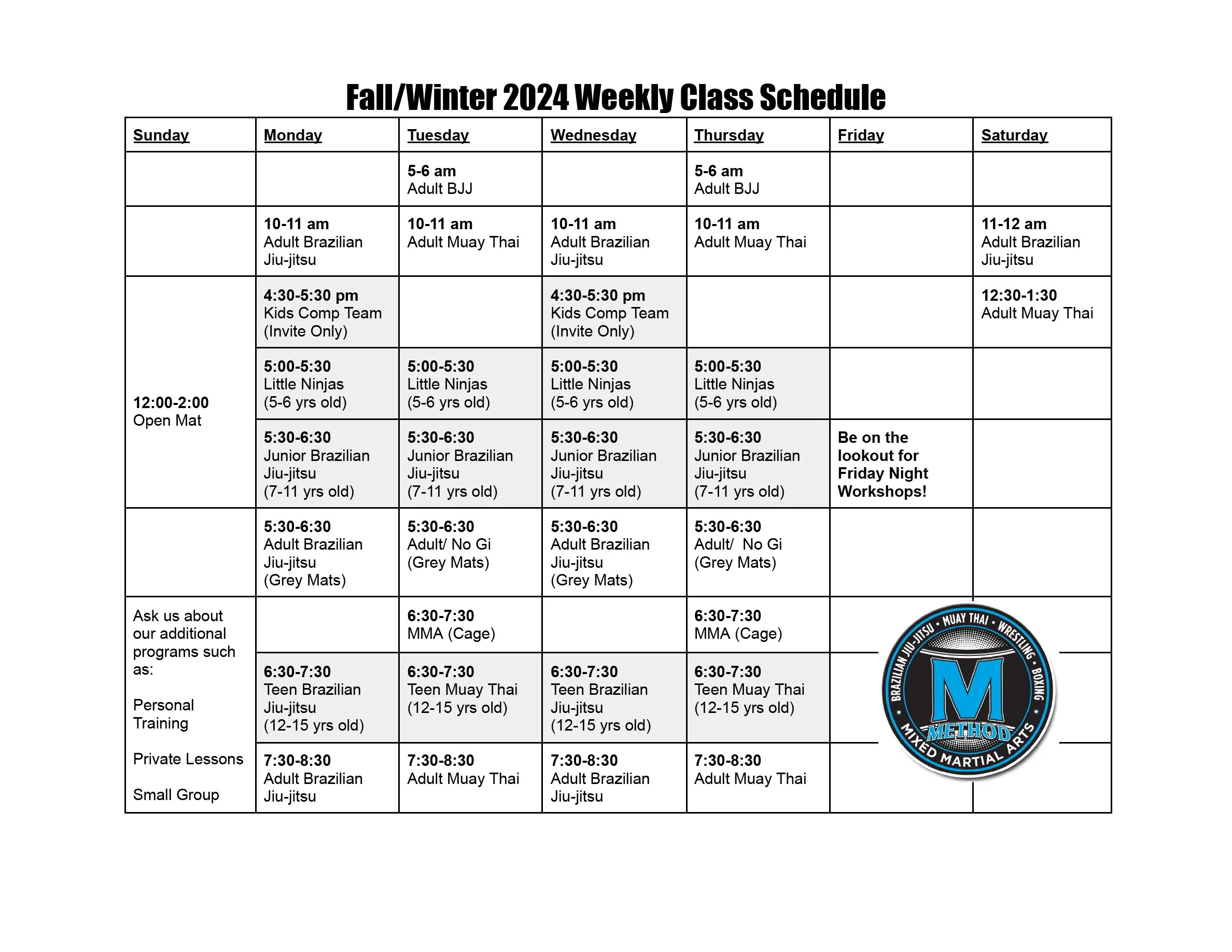 Schedule — Method Mixed Martial Arts & Brazilian Jiu Jitsu