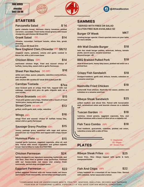 Menu 1 — 4th Wall Restaurant And Bar
