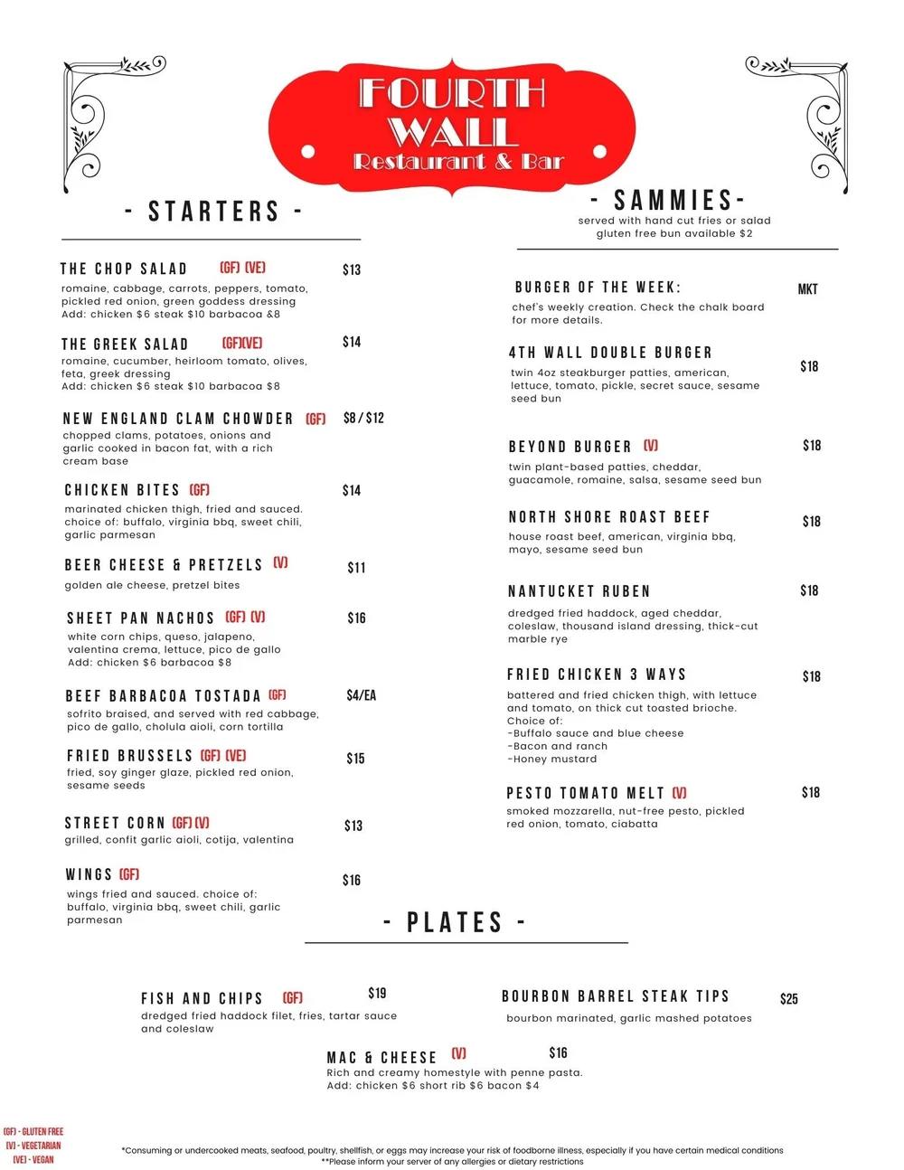 Menu 1 — 4th Wall Restaurant And Bar