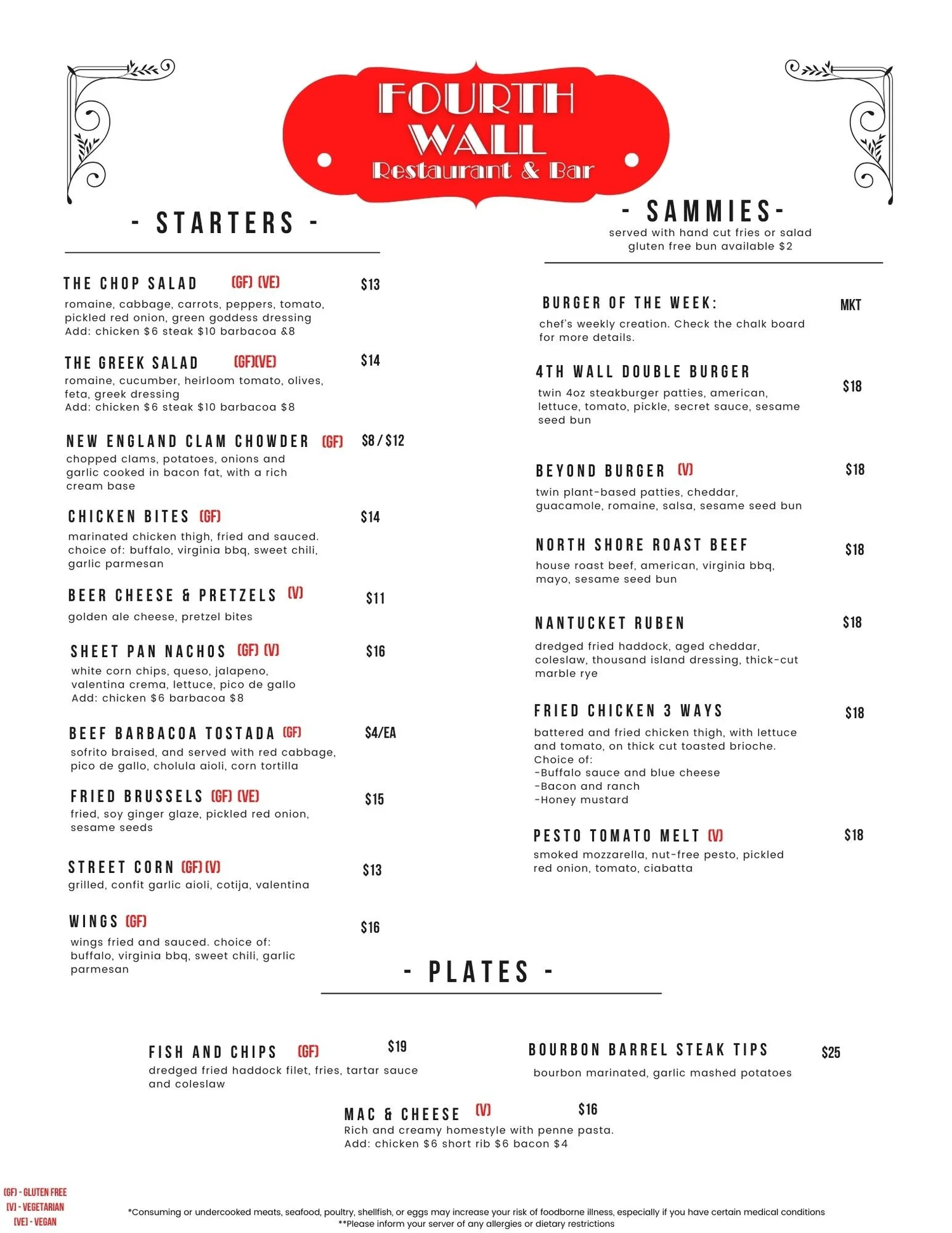 Menu 1 — 4th Wall Restaurant And Bar