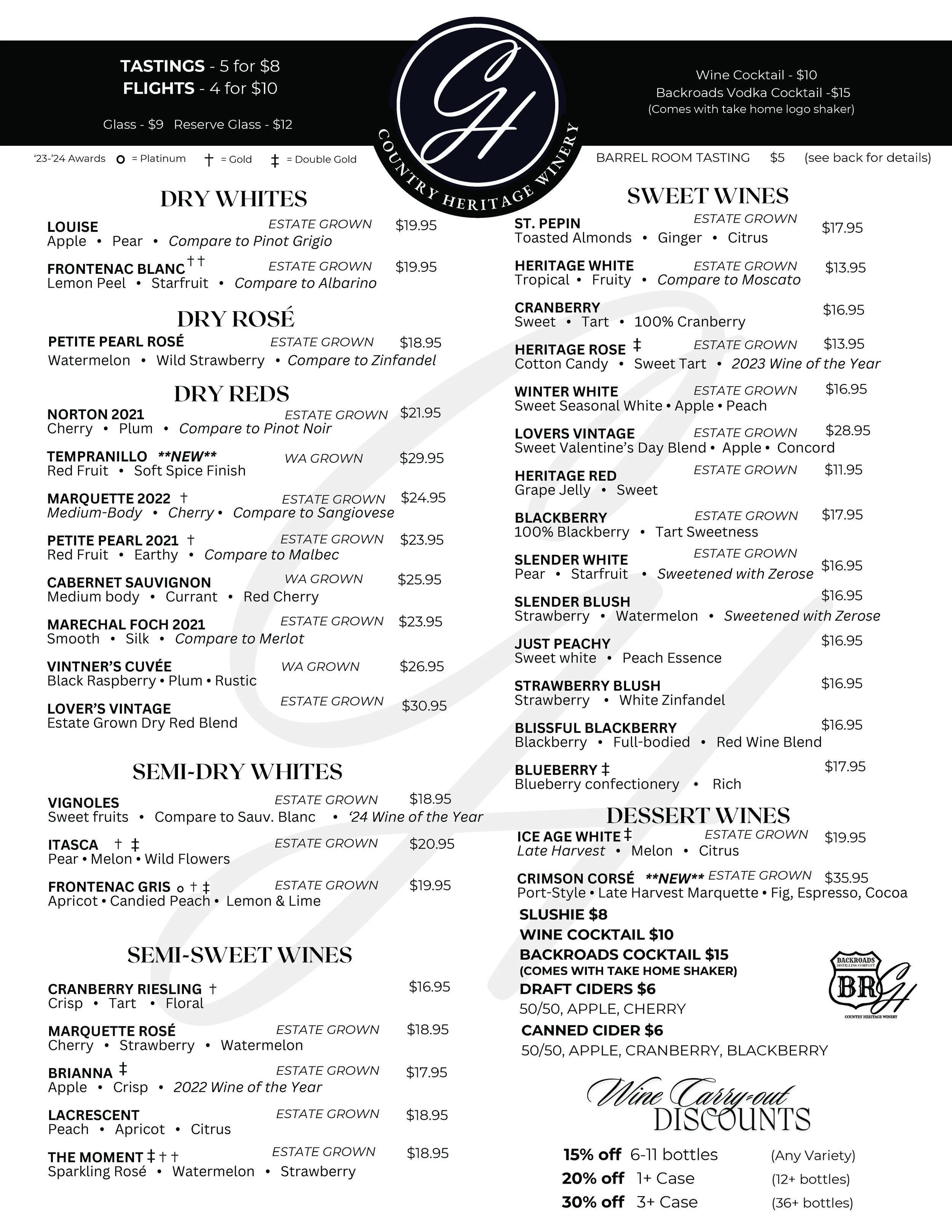 Winery Food & Beverage Menu | Country Heritage Winery — Country ...