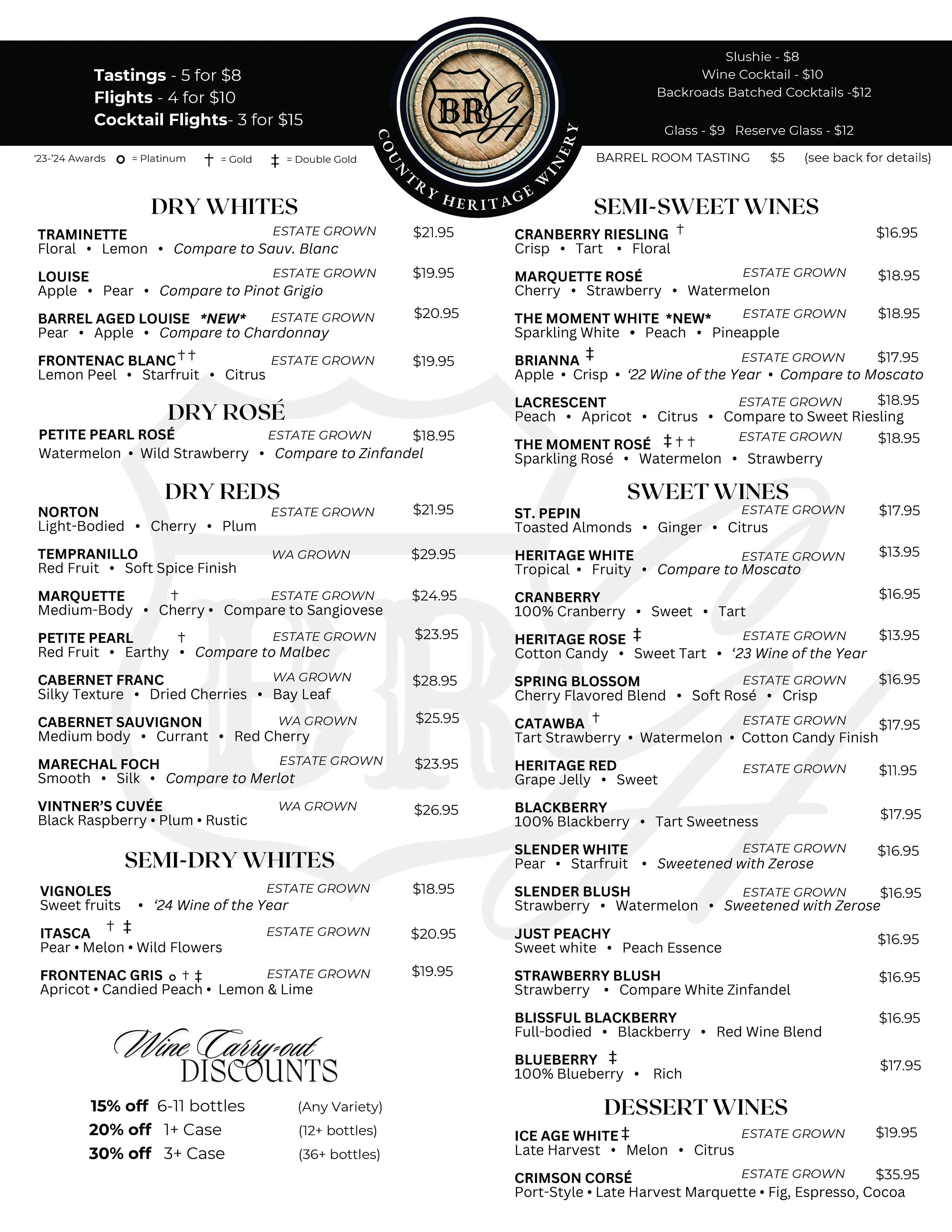 Winery Food & Beverage Menu | Country Heritage Winery — Country ...