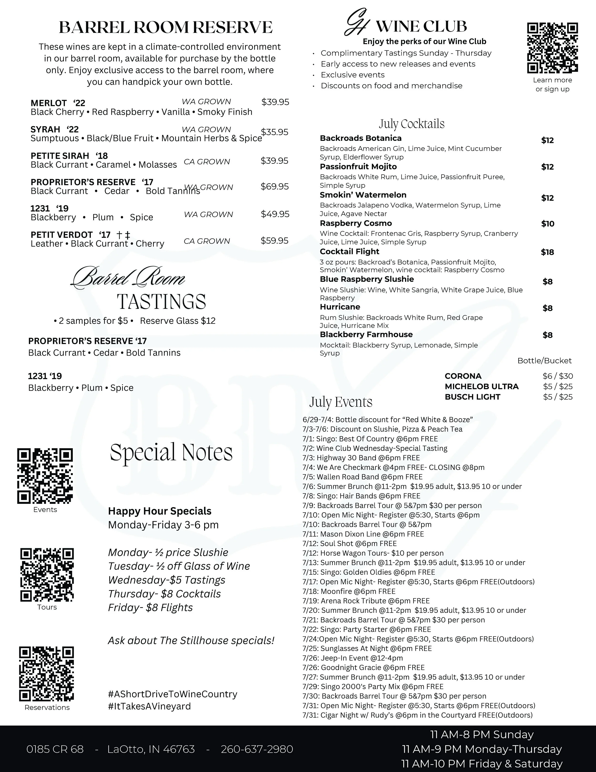 Winery Food & Beverage Menu | Country Heritage Winery — Country ...