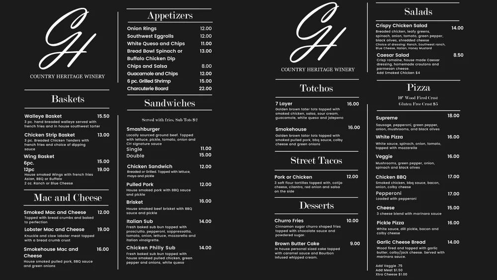 Winery Food & Beverage Menu | Country Heritage Winery — Country ...