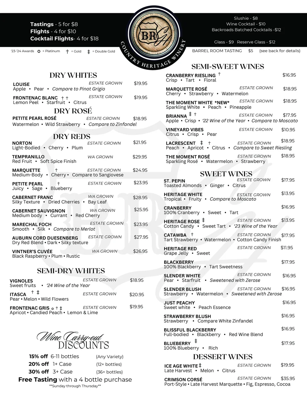 Winery Food & Beverage Menu | Country Heritage Winery — Country ...