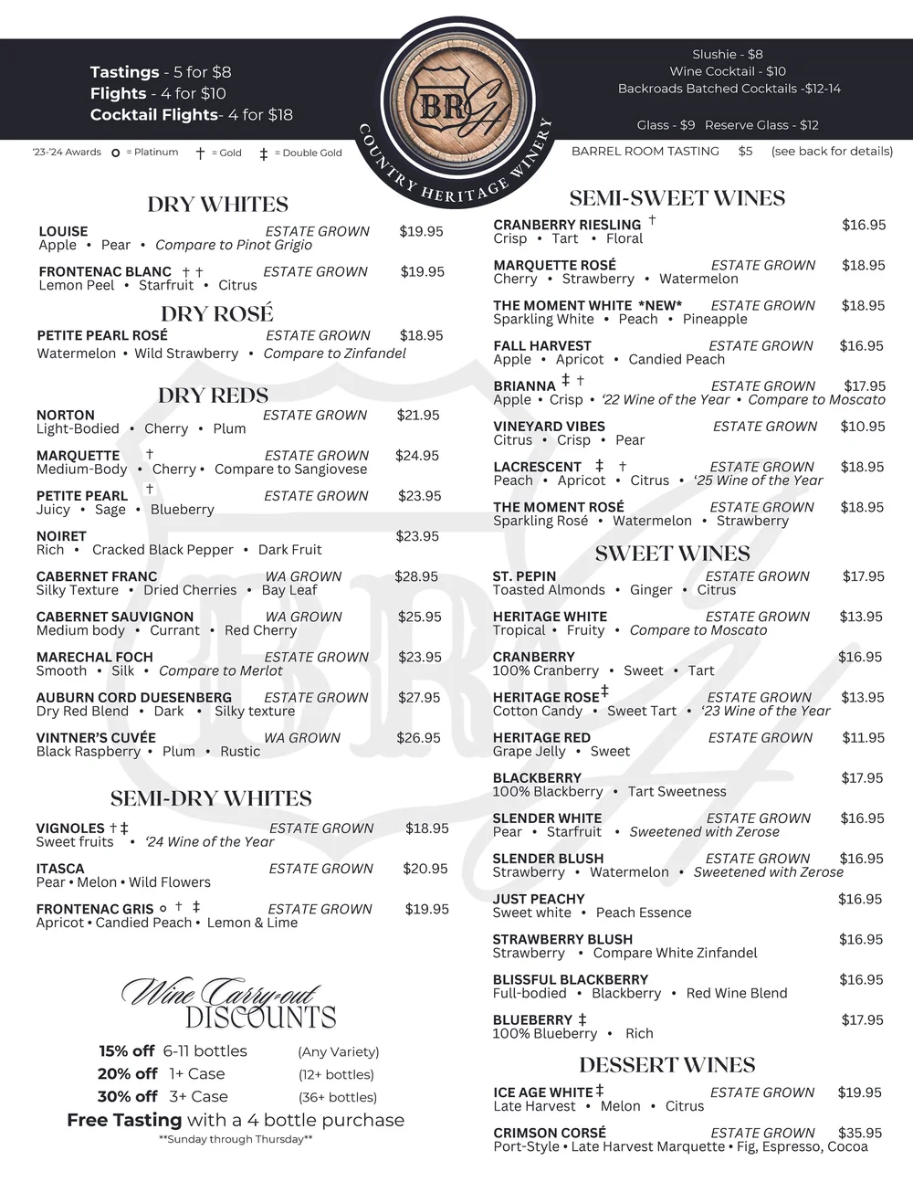 Winery Food & Beverage Menu | Country Heritage Winery — Country ...